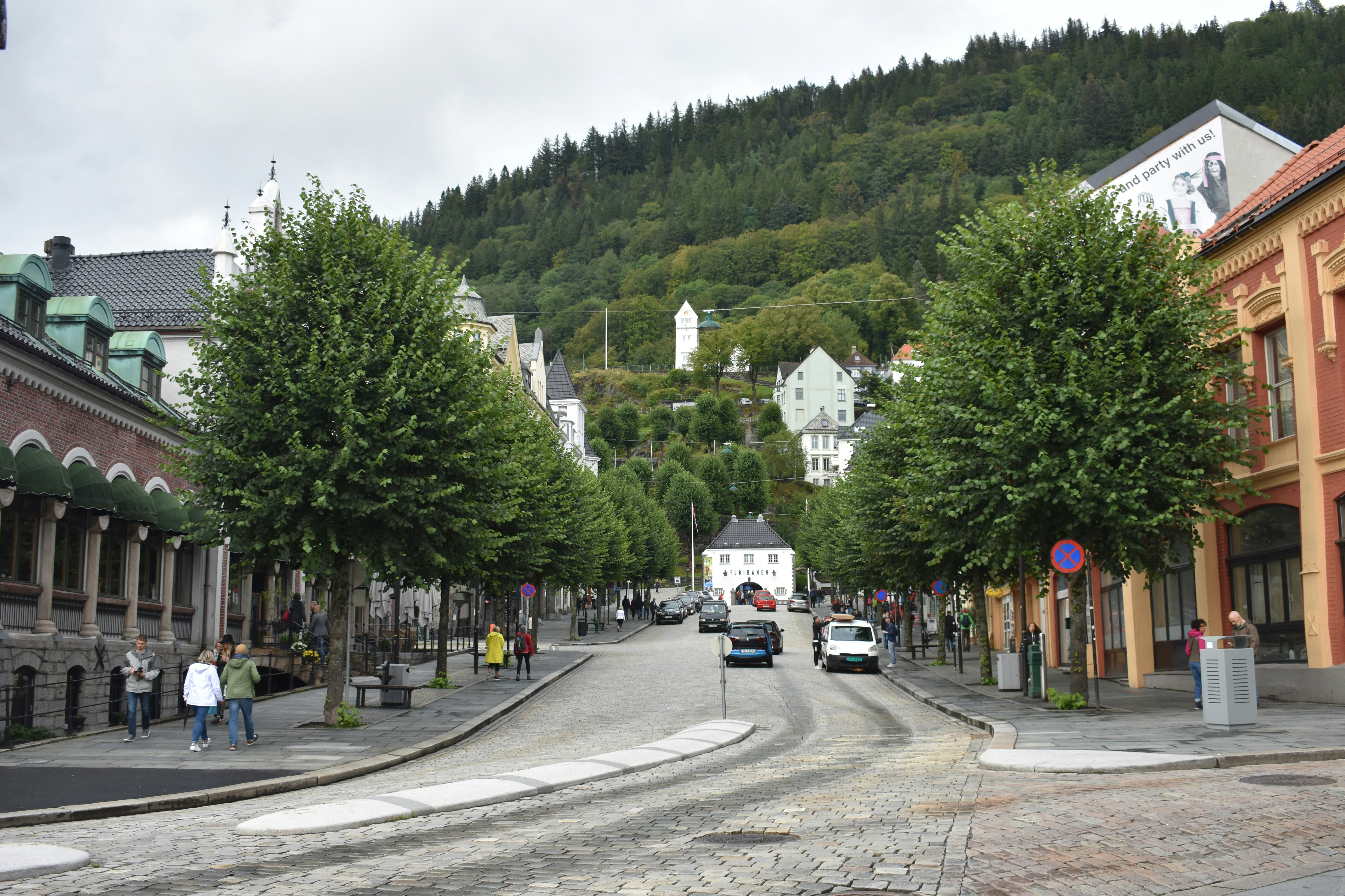Tree-lined street with colorful buildings leading up to a forested hillside.