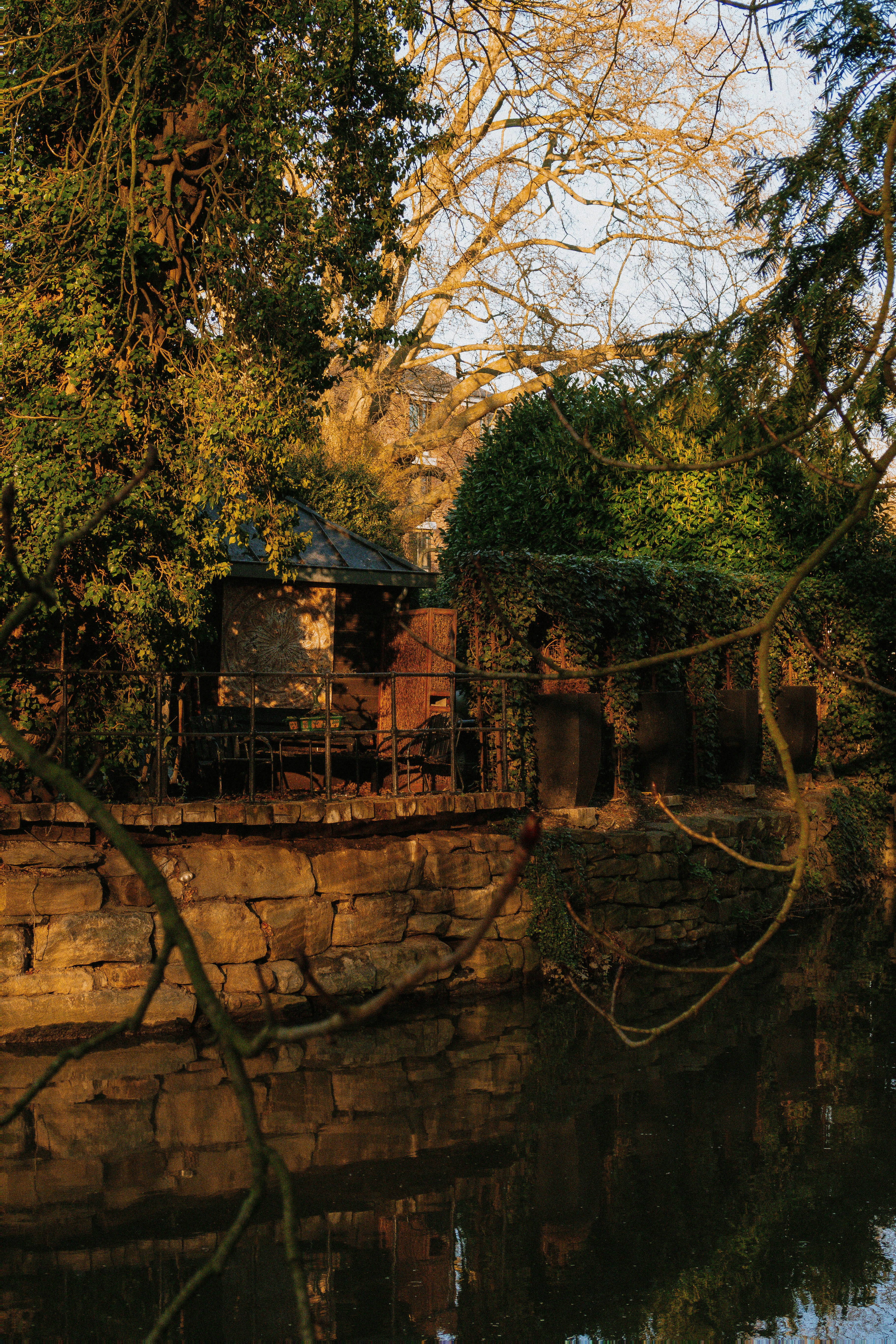 Ivy-Clad Riverside Pavilion in Golden Hour Light
