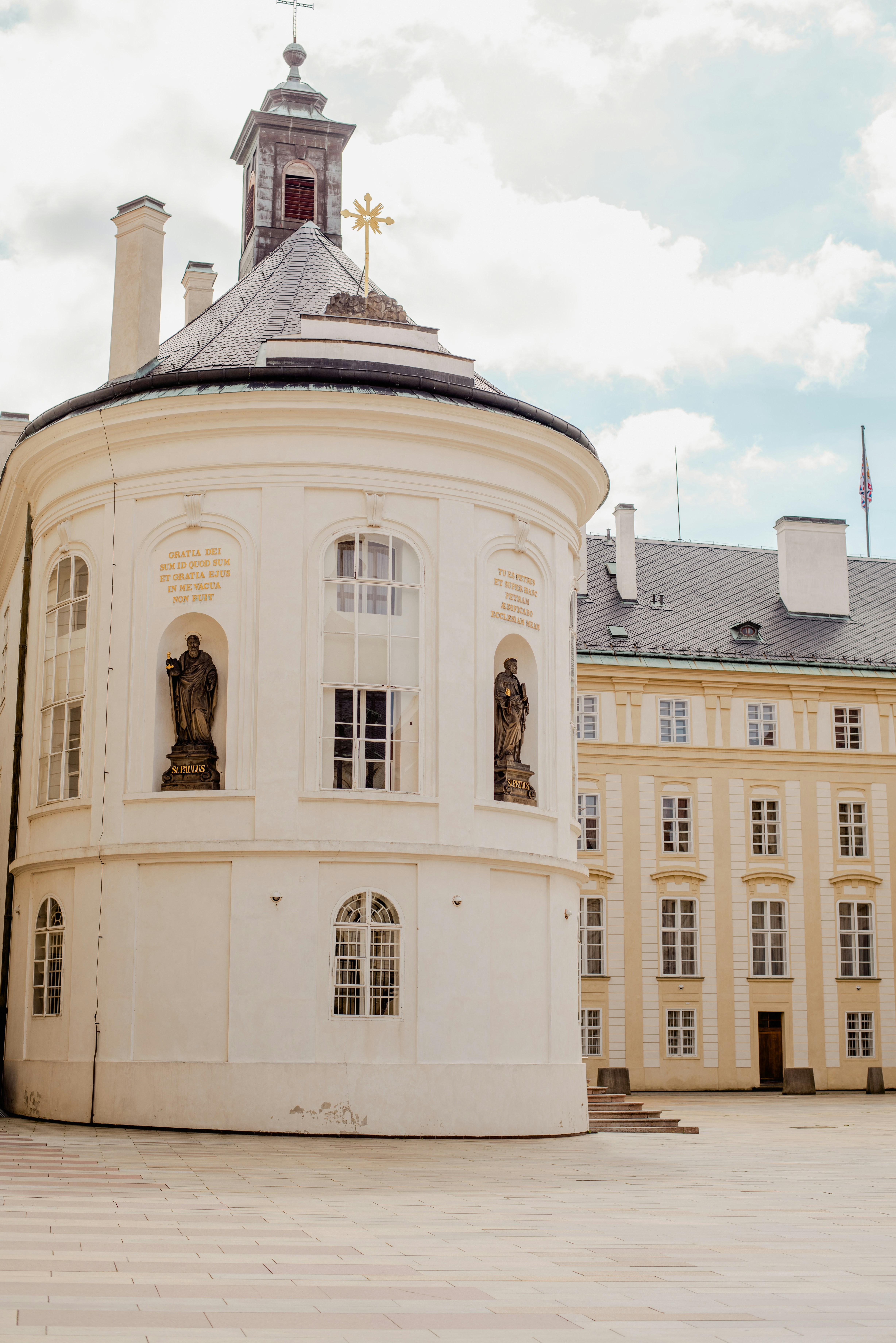 Dawn Light on a Circular Turret in a European Courtyard