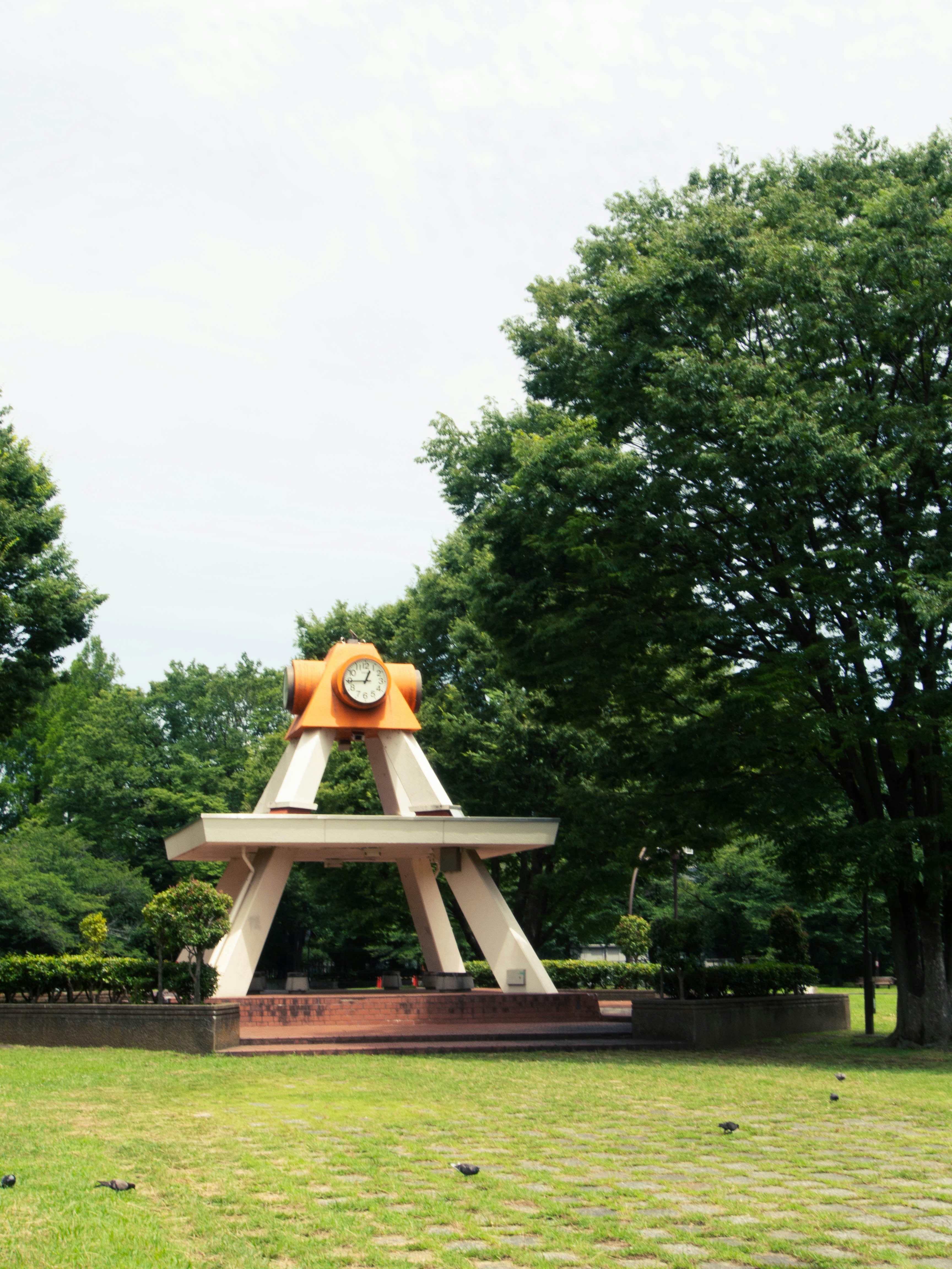Pedestal of Time: An Orange Clock Tower in a Quiet Park