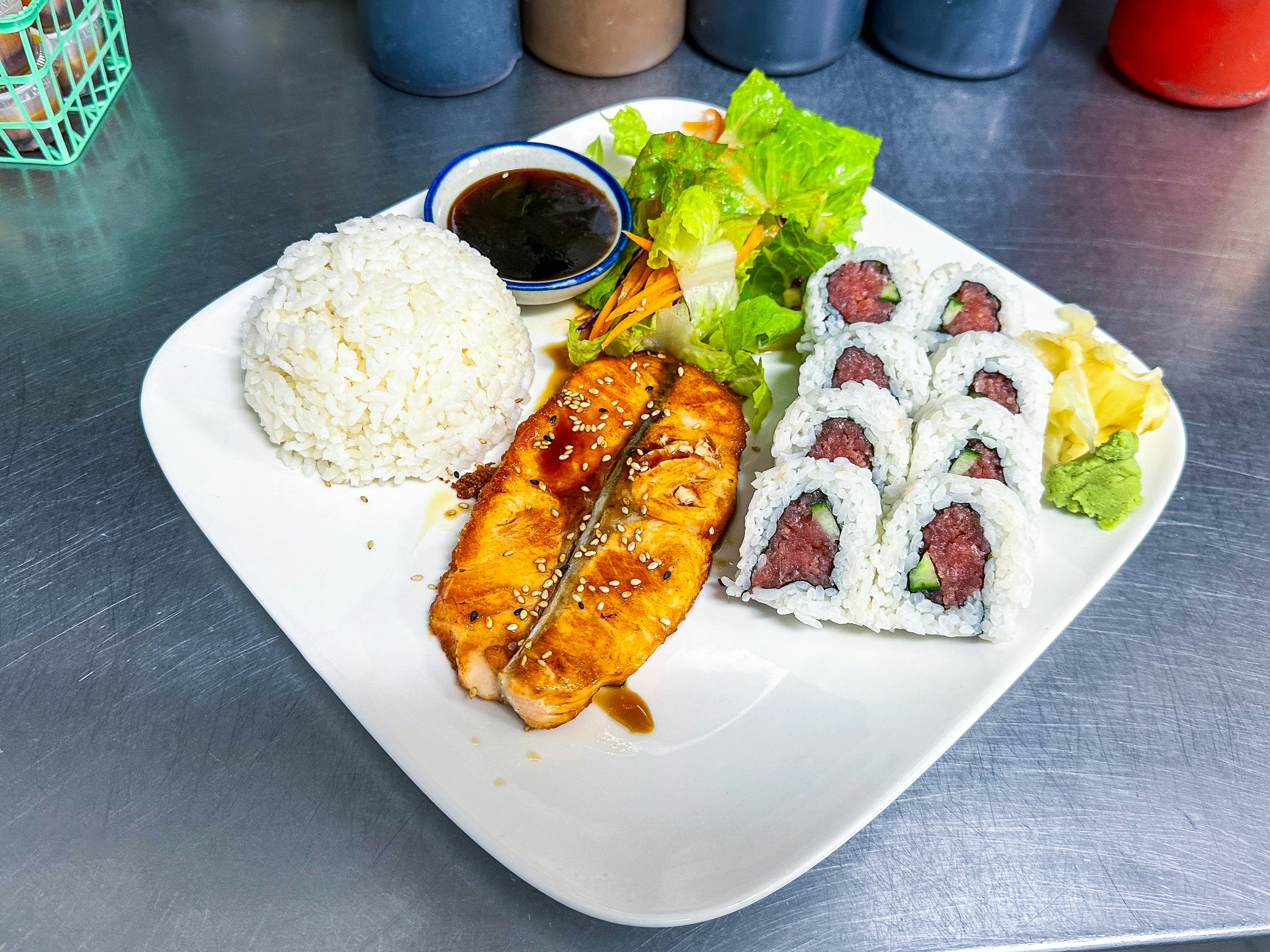 Soy-Glazed Salmon and Rainbow Roll Harmony on a Bright Plate
