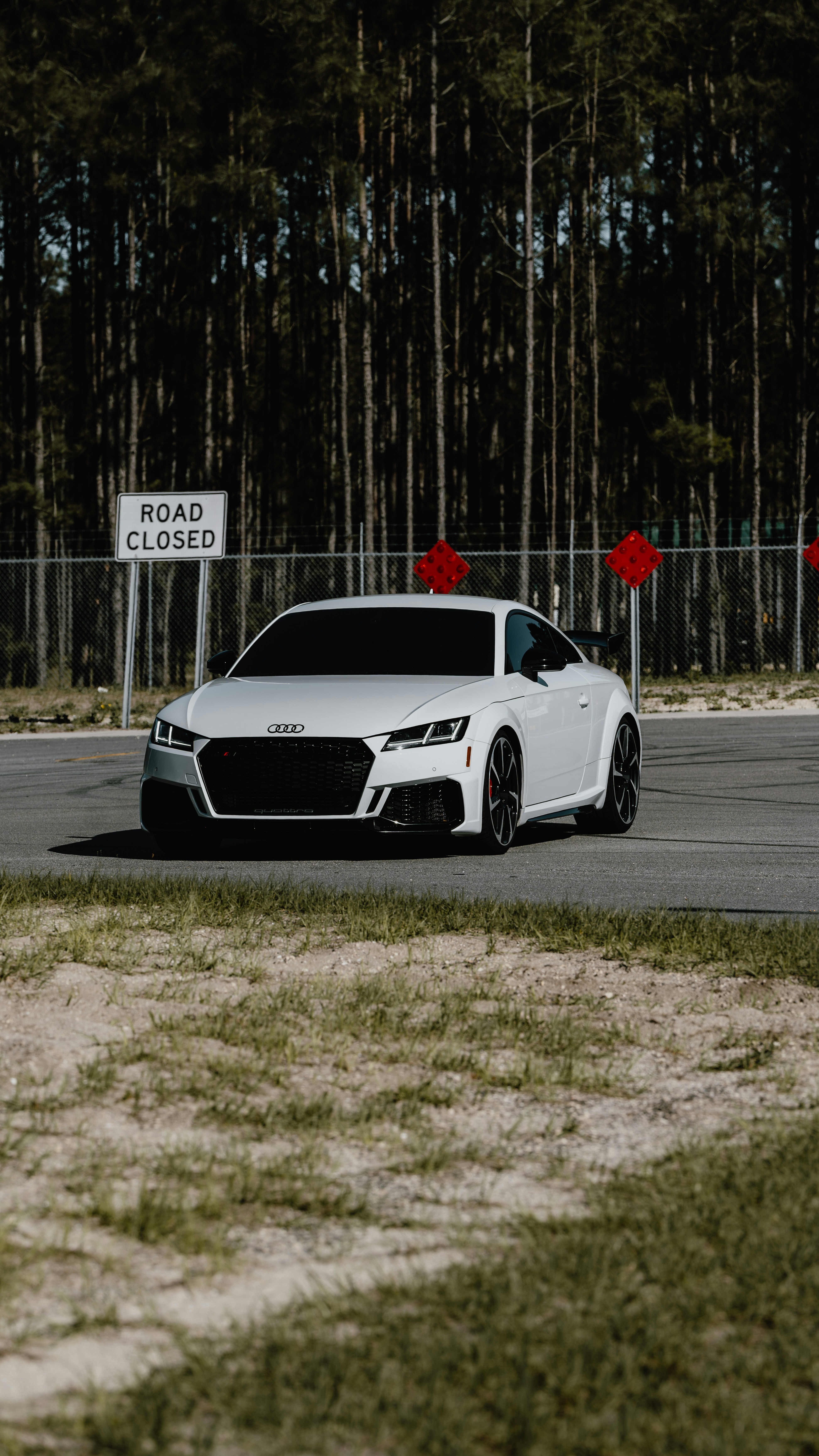 White Audi R8 on a Closed Road, Framed by a Pine Forest