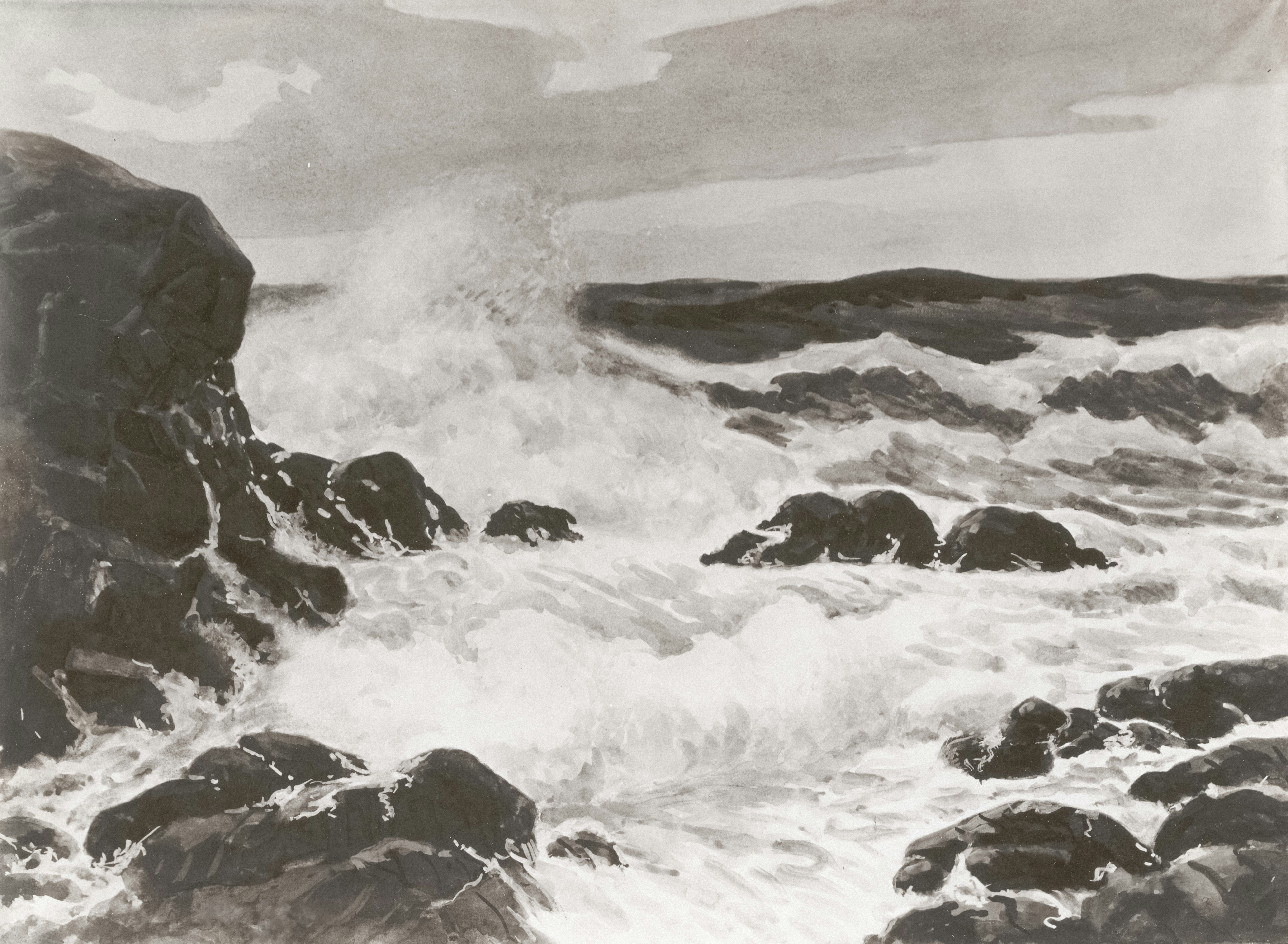 A black and white photo of a wave crashing over rocks photo – Free Grey ...