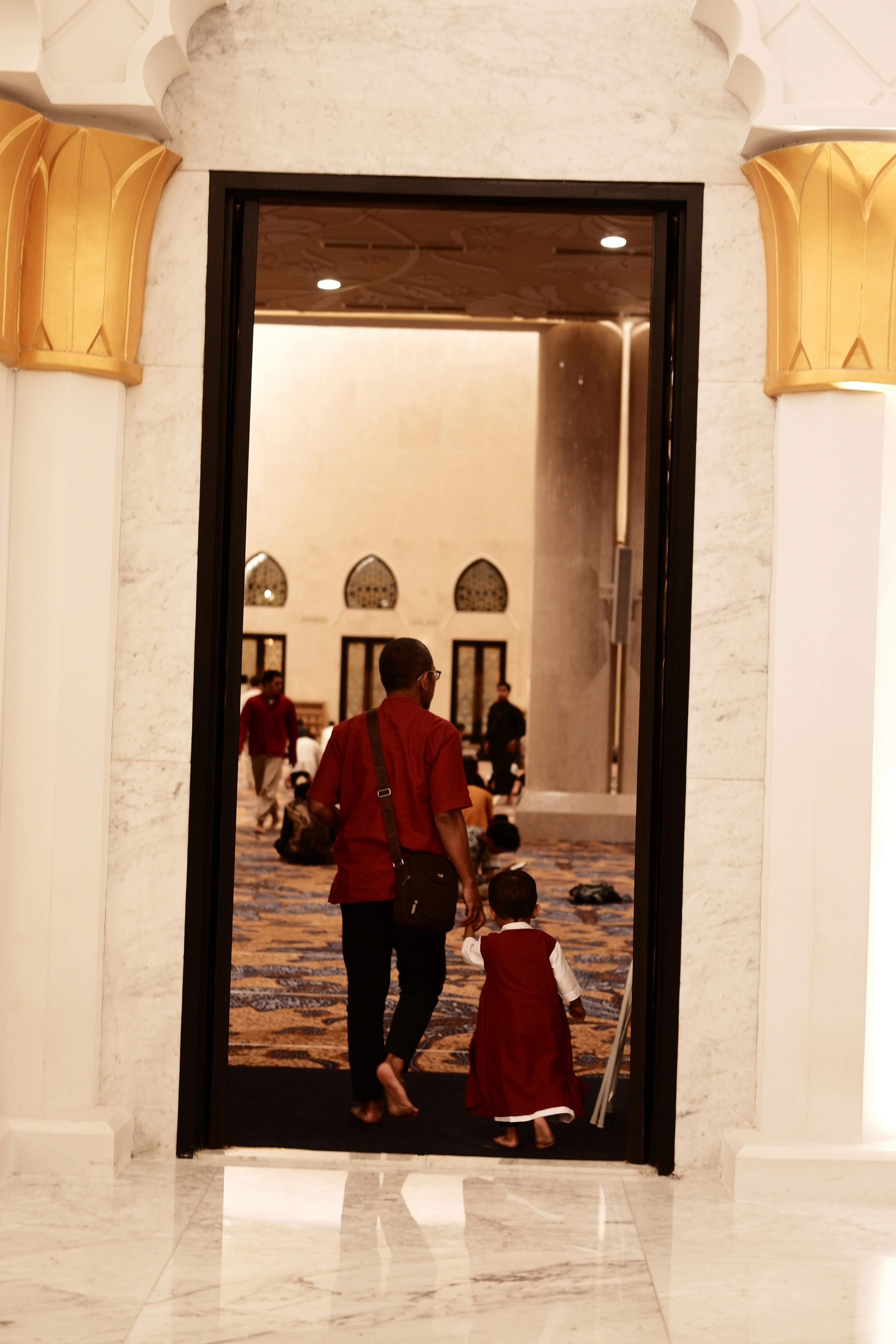 Marble Threshold Narrative: A Father and Daughter Step Into the Quiet Hall