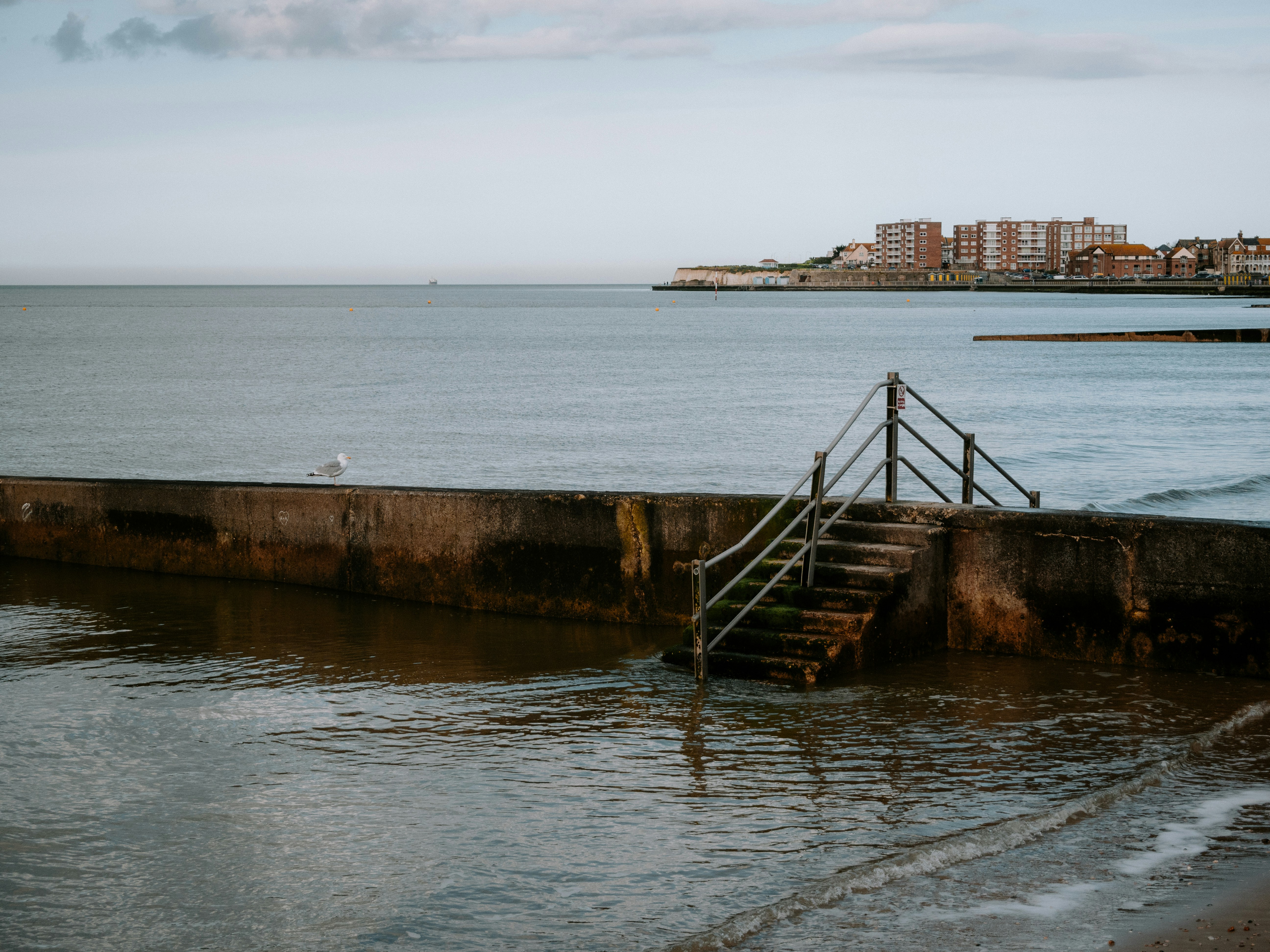 Seaside steps descend into calm waters against a distant urban skyline.