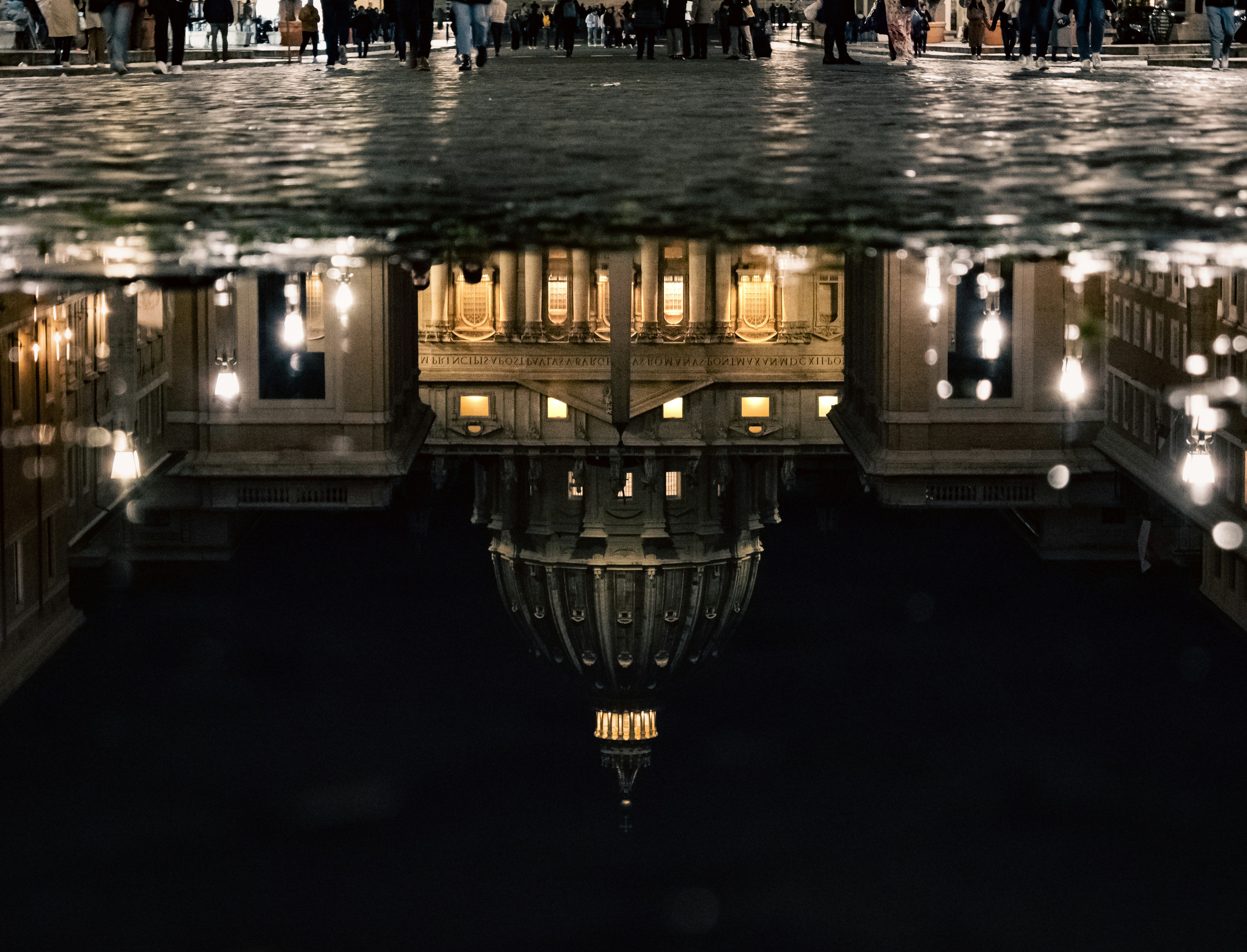 Urban Dome Reflections: Night Promenade and Water Mirror