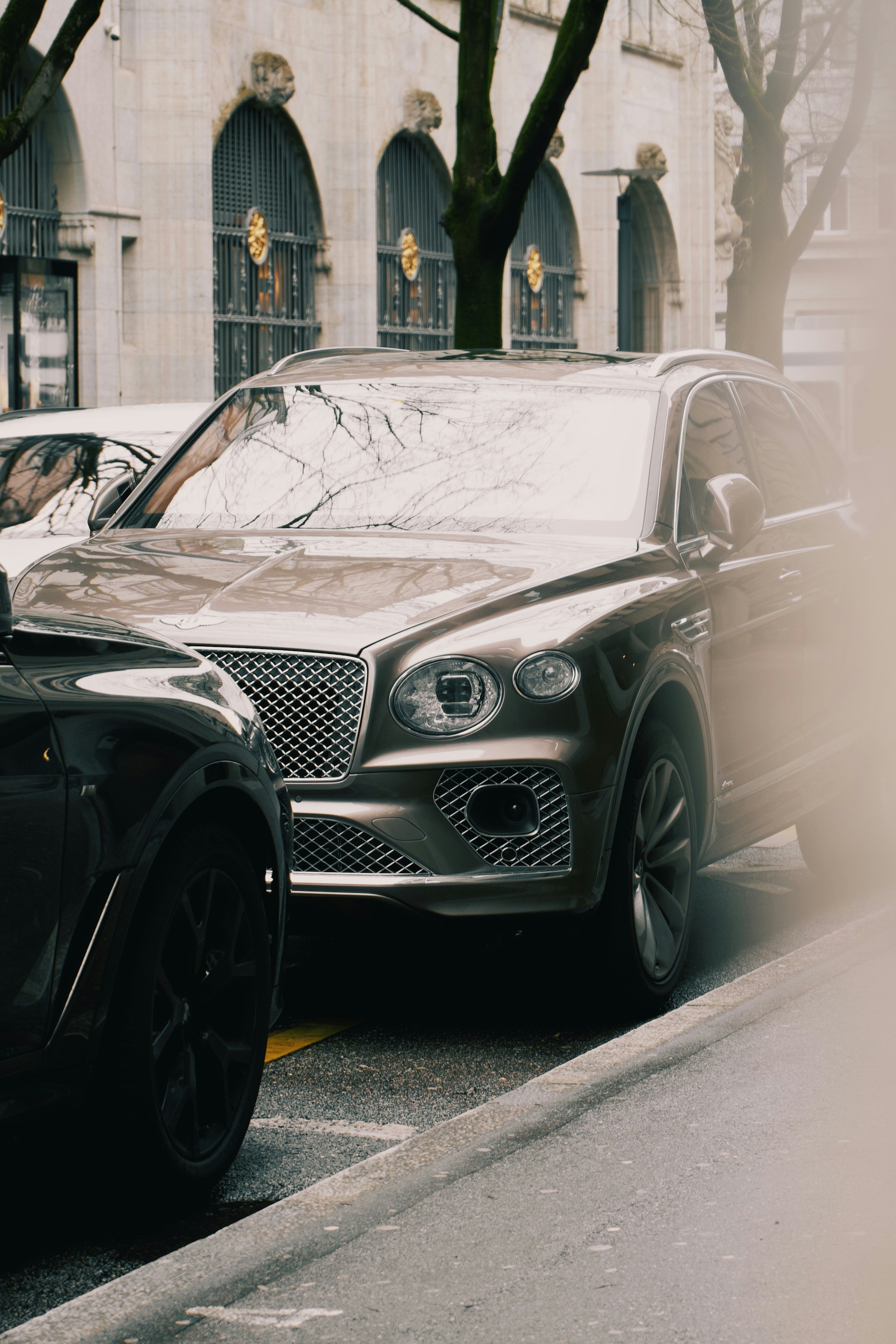 Two luxury SUVs parked on a city street, showcasing sleek designs and modern aesthetics. The backdrop features a stylish urban environment.