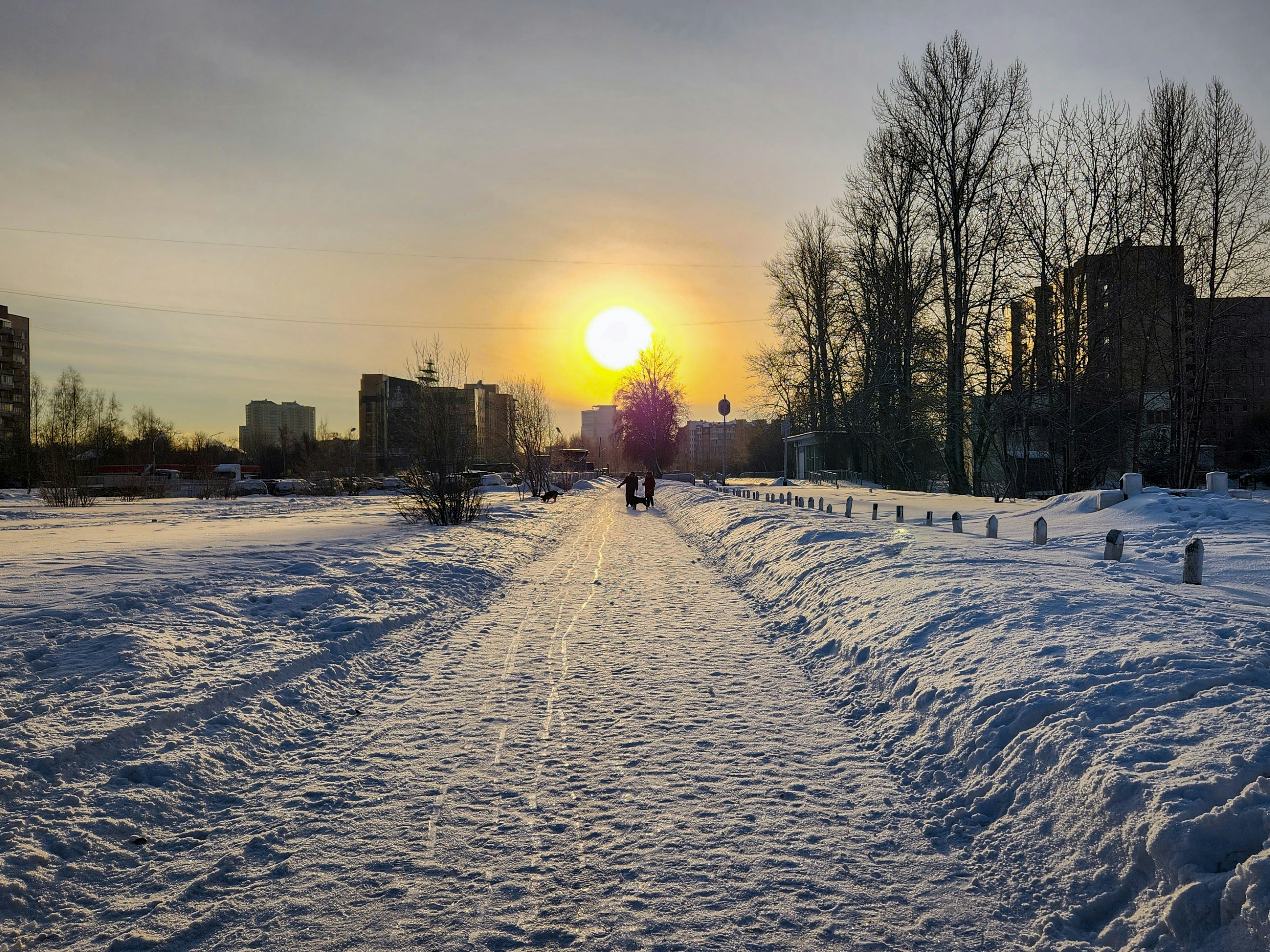 Sunlit Snow Corridor Toward a Distant Cyclist in a Quiet Winter City