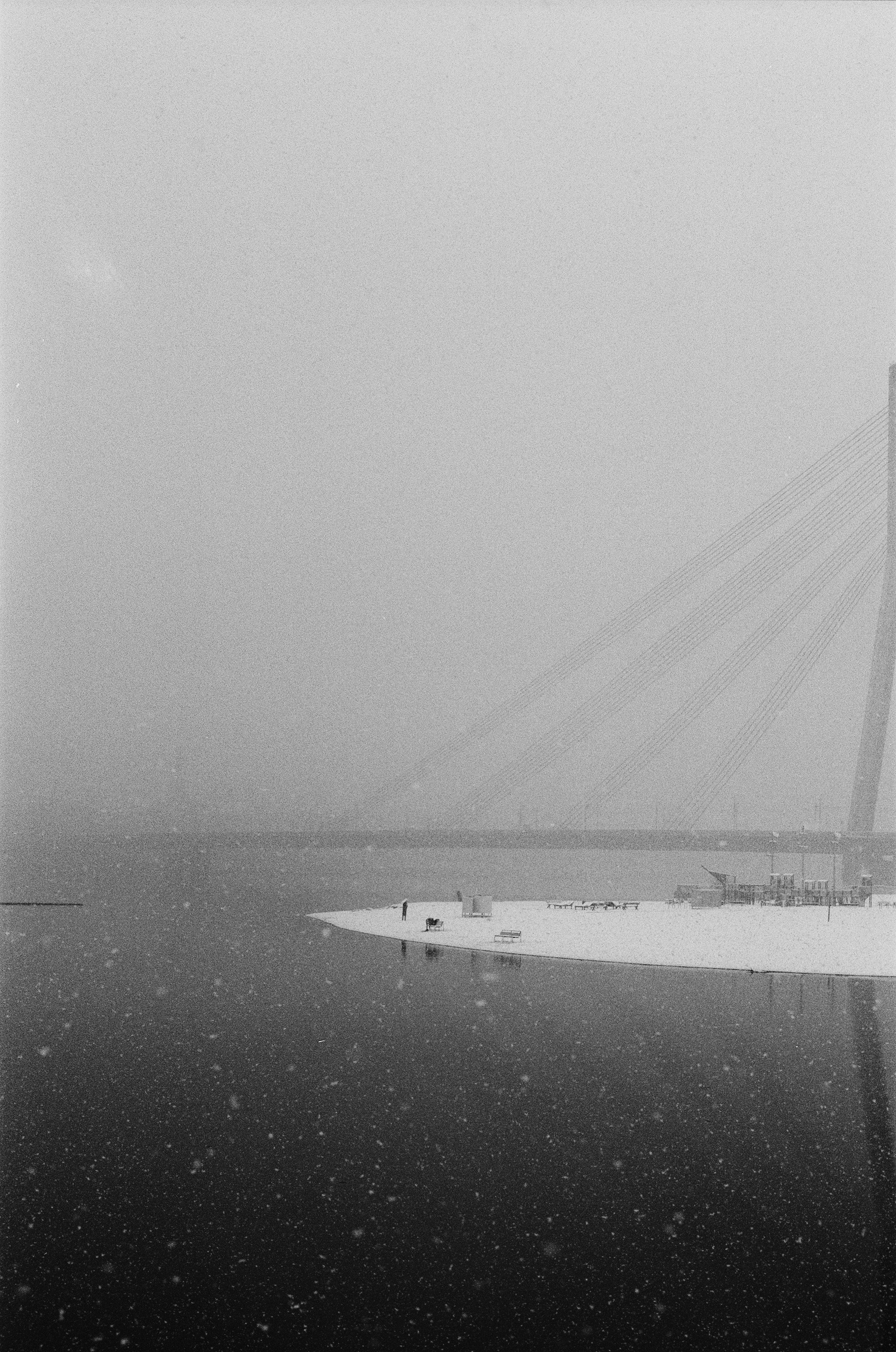 Low-contrast winter harbor with a curve of a cable-stayed mast fading into snow