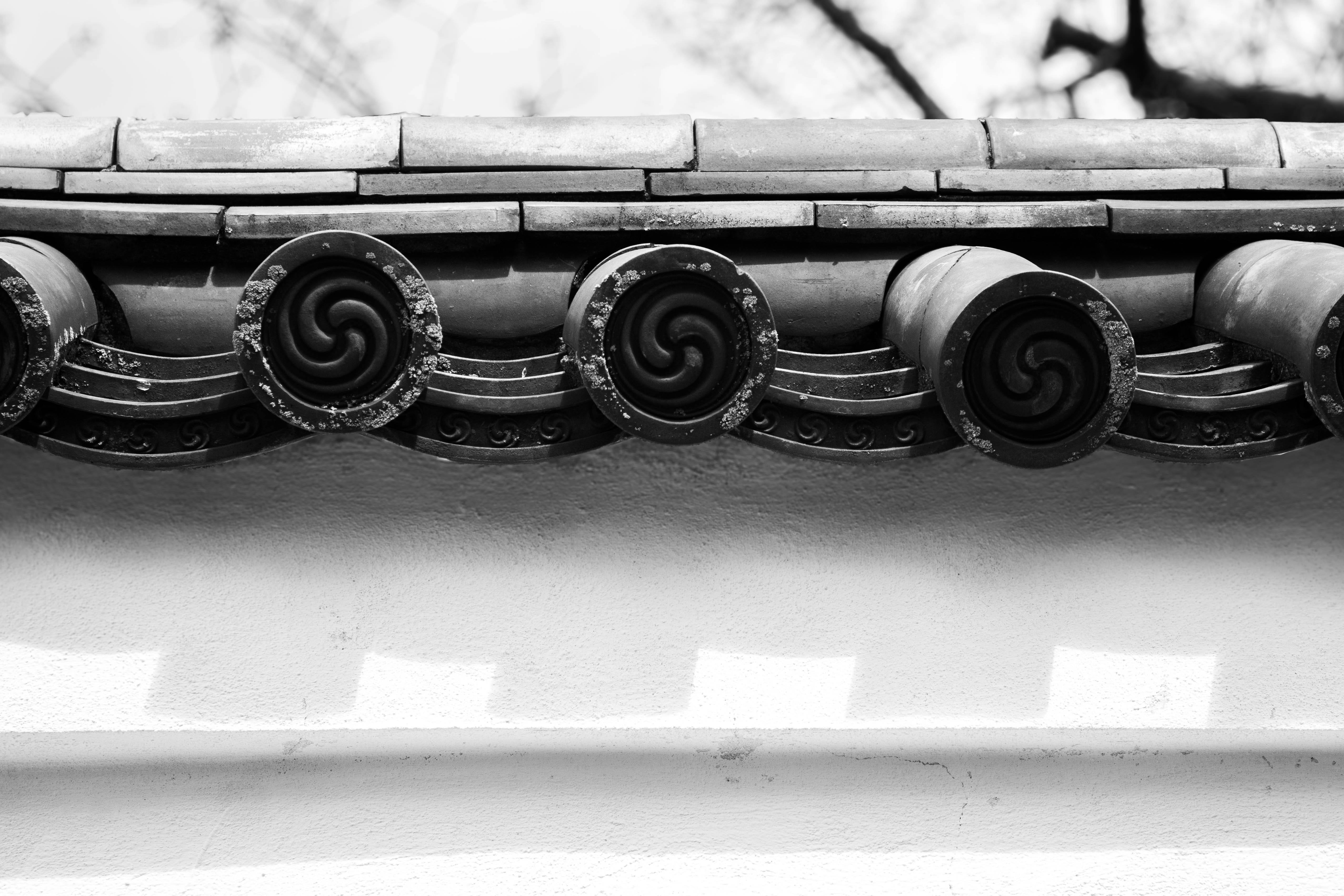 Spiral Roof Ornaments: Monochrome Rhythm Along the Tile Edge