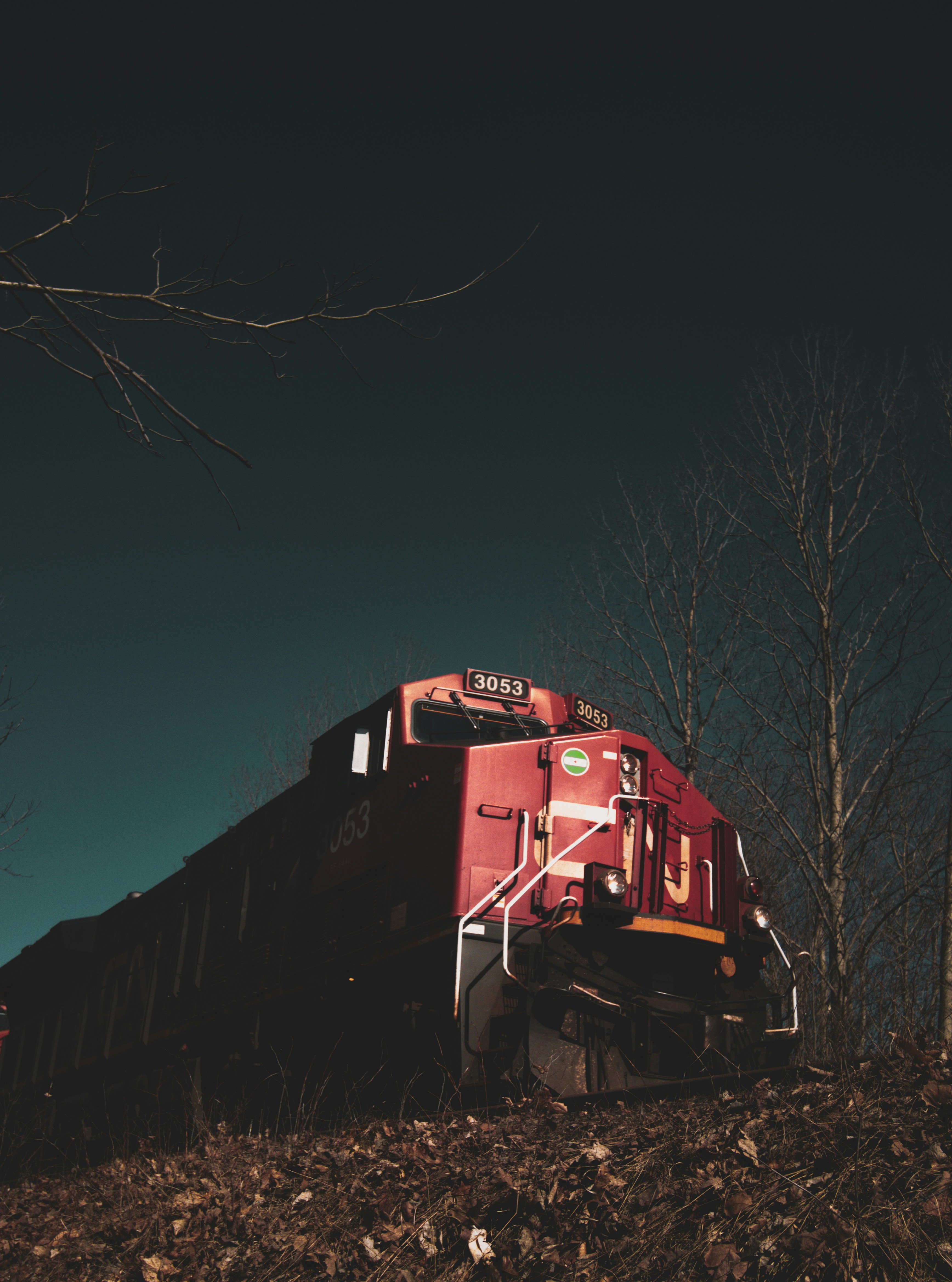 A red train traveling down train tracks next to a forest photo – Free ...