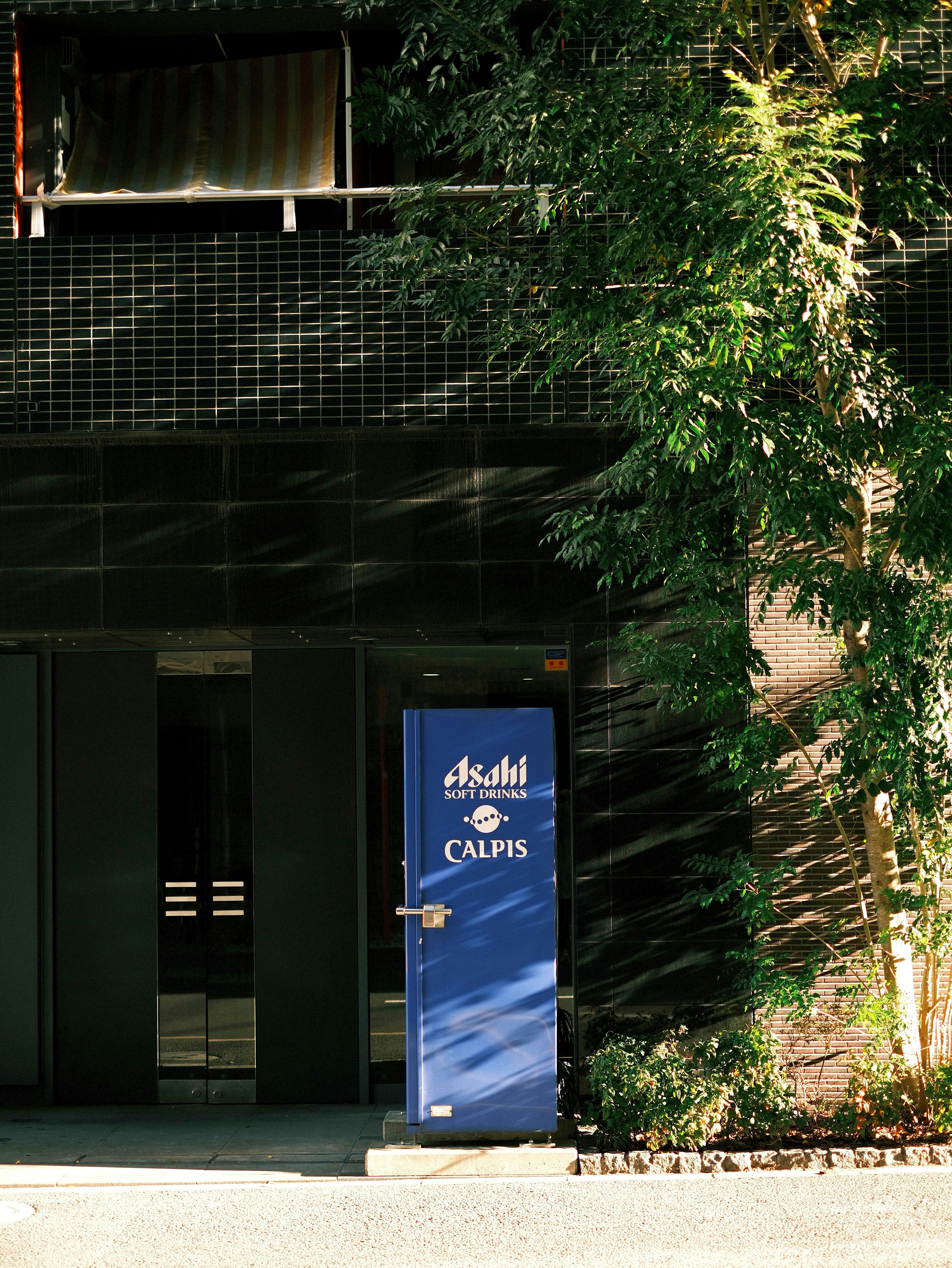 Calpis in the Concrete Gully: A Blue Vending Machine Framed by Grid and Greenery