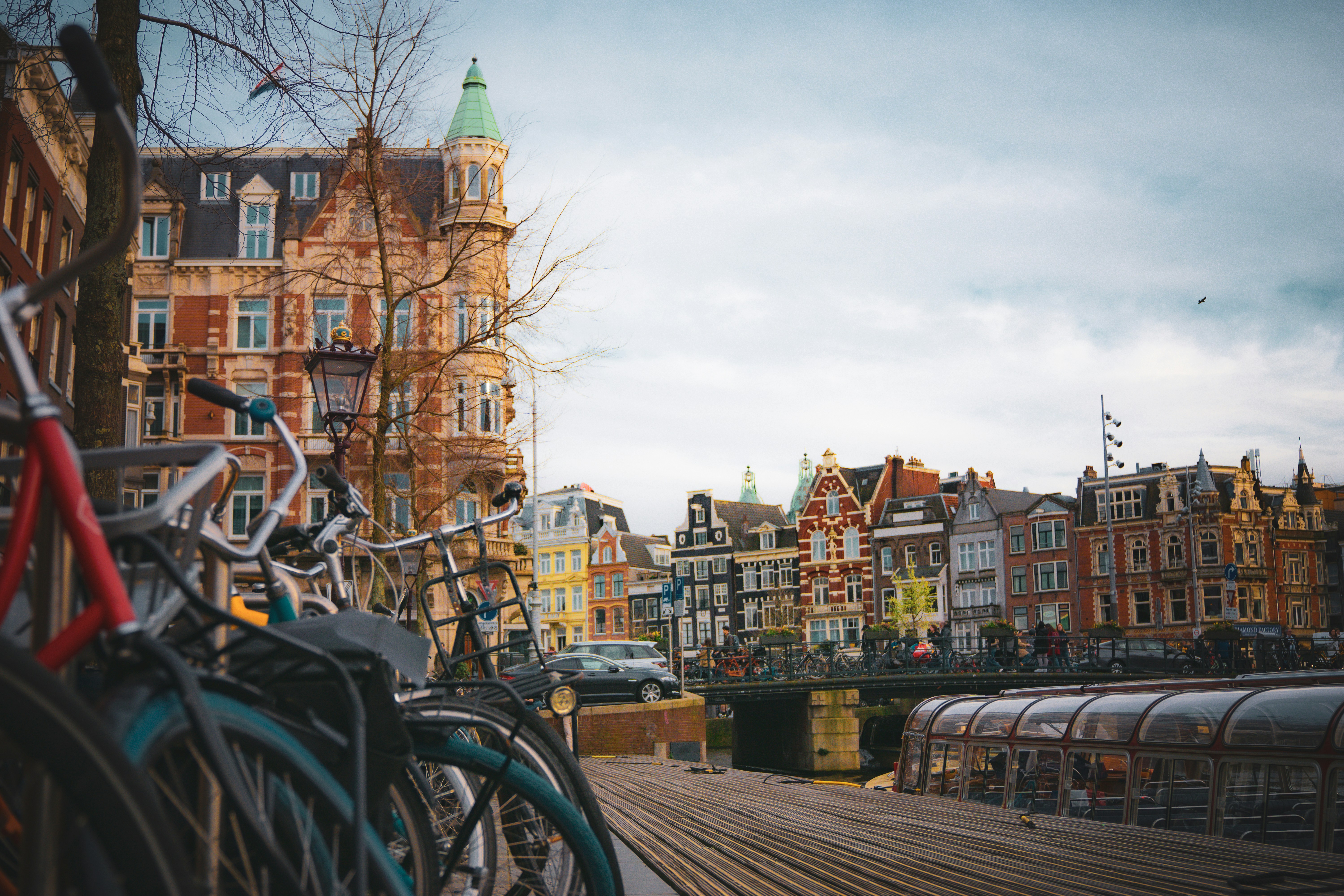 Bikes in the Foreground Framing a Dutch Canal Street