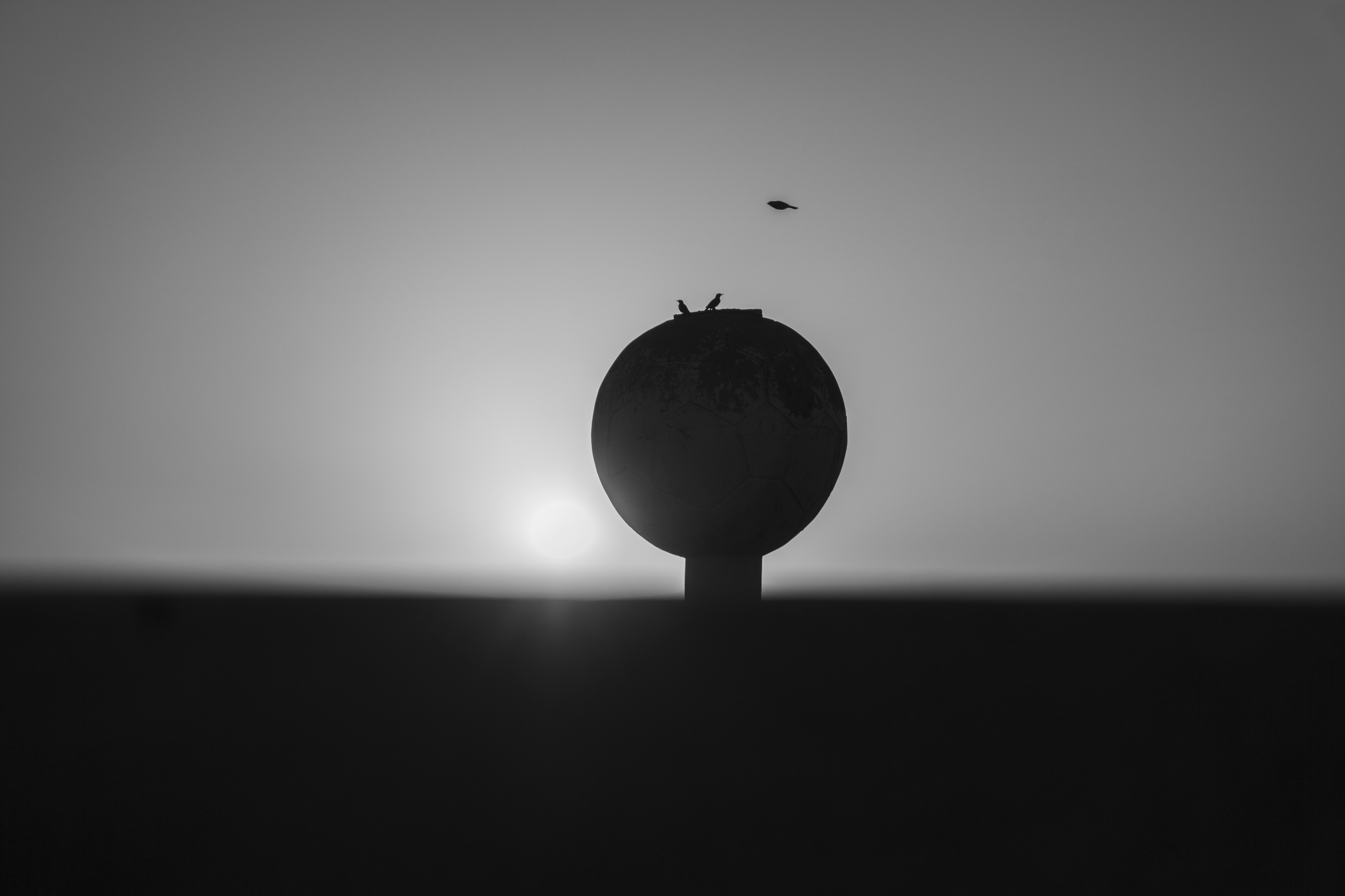 Black and white photo of an overhead water tank in the rural local village with a few small birds sitting and flying over it. The photo reminds the soothing sunset on a rooftop in the village environment in Swabi, KP.