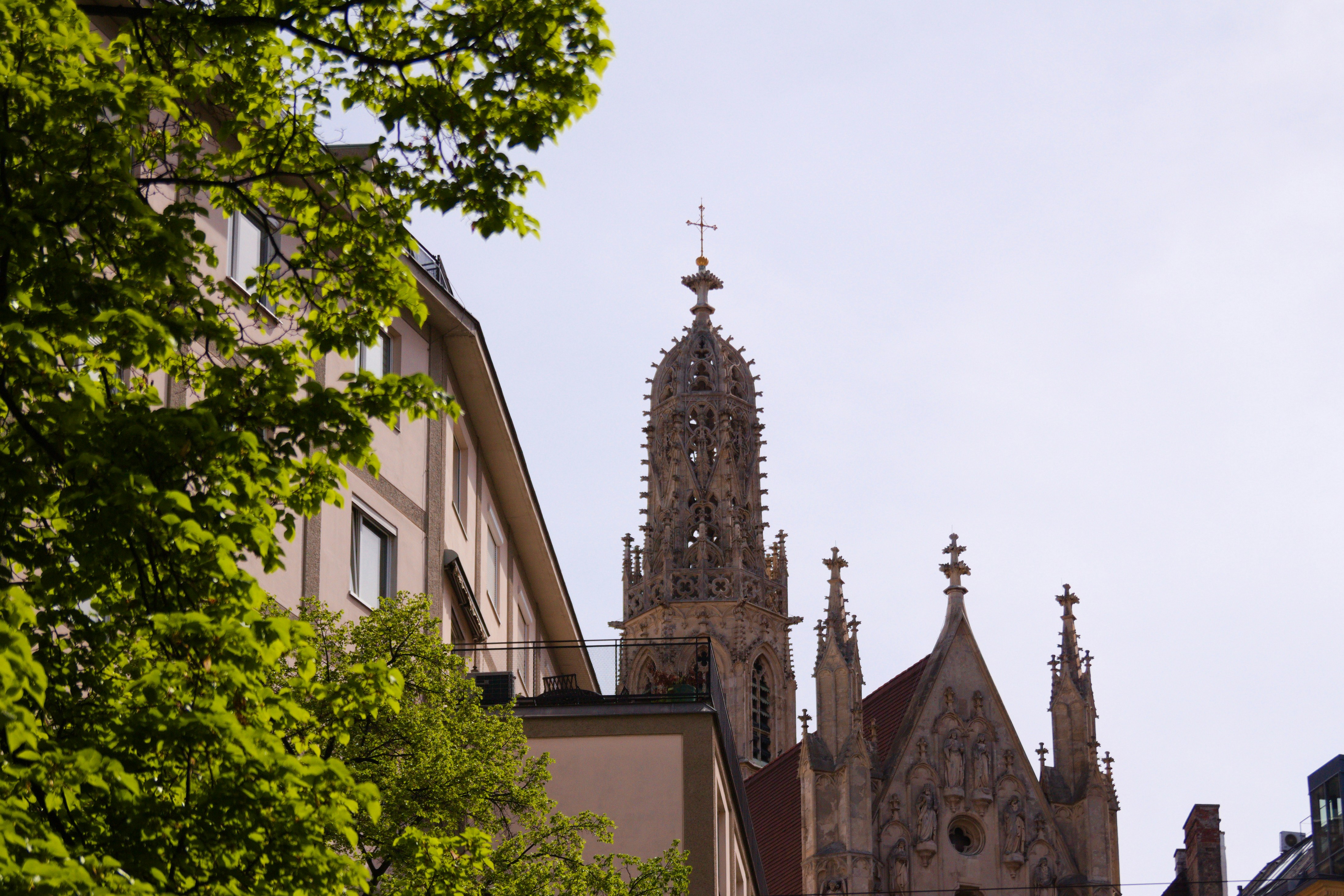 Gothic Spire Rising Over a Leafy Urban Edge