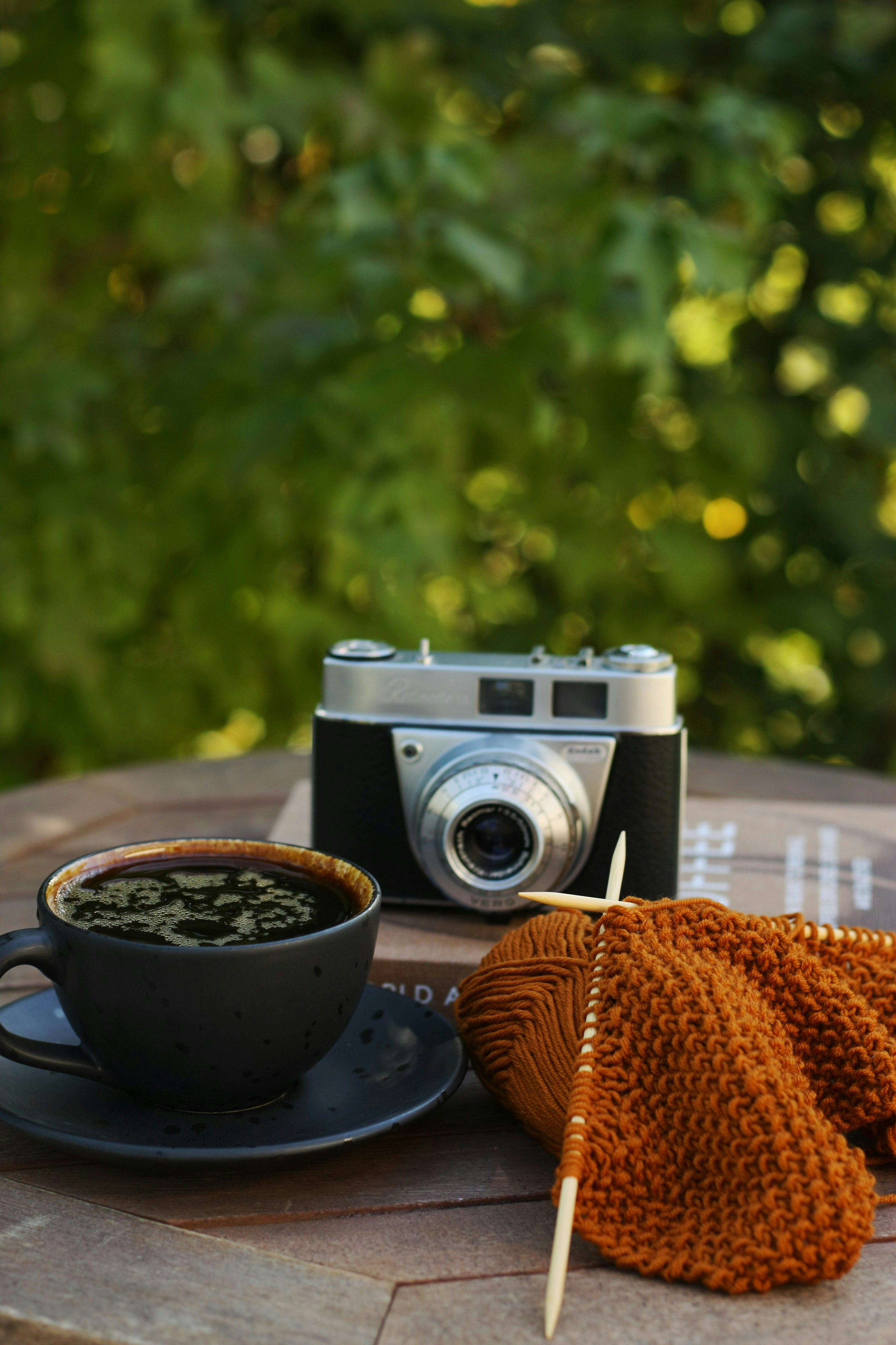 A cup of coffee and a camera on a table photo – Free Green Image on ...