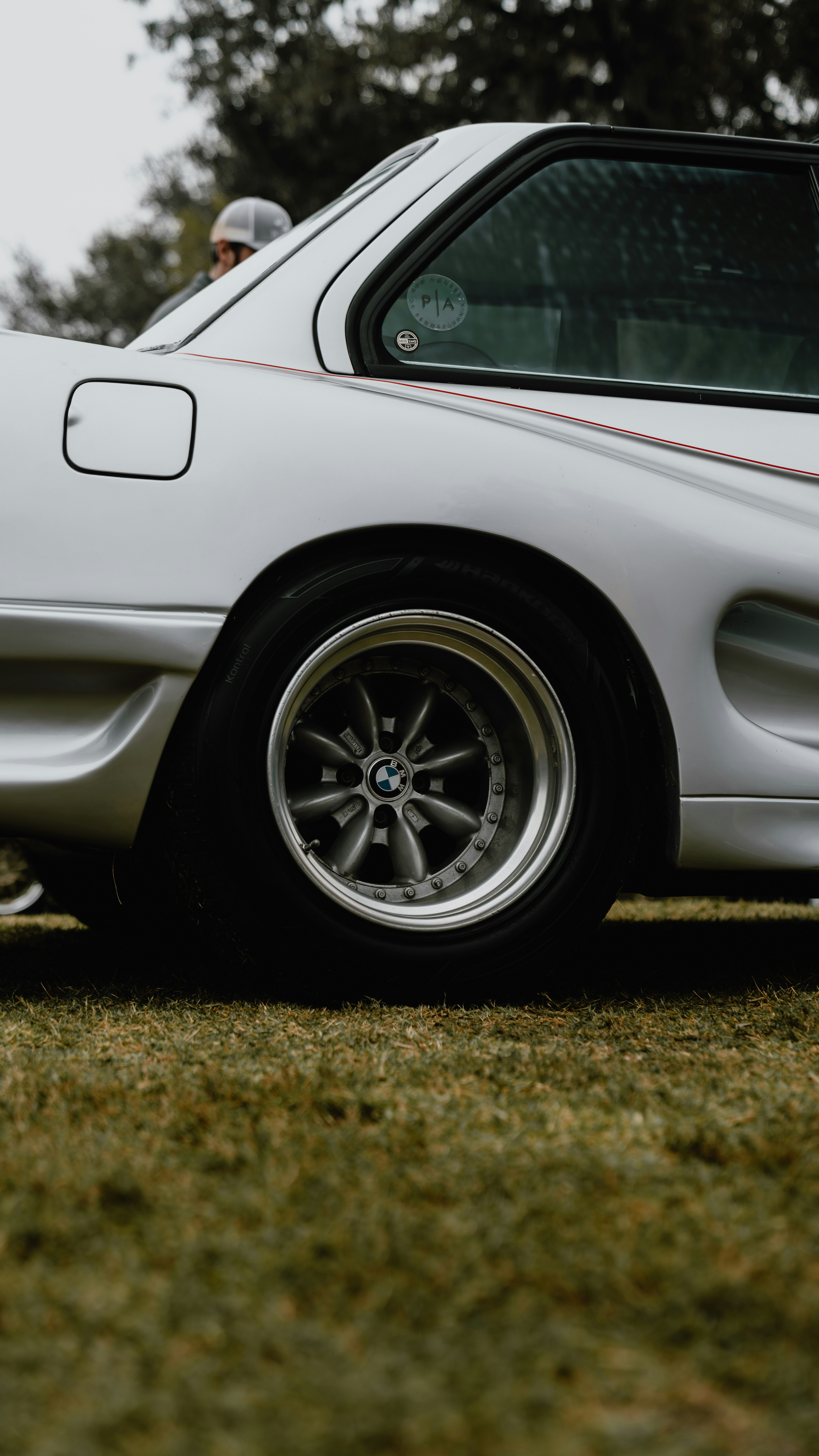 Chrome Wheel in White: A BMW Coupe Quietly Showcased on Grass