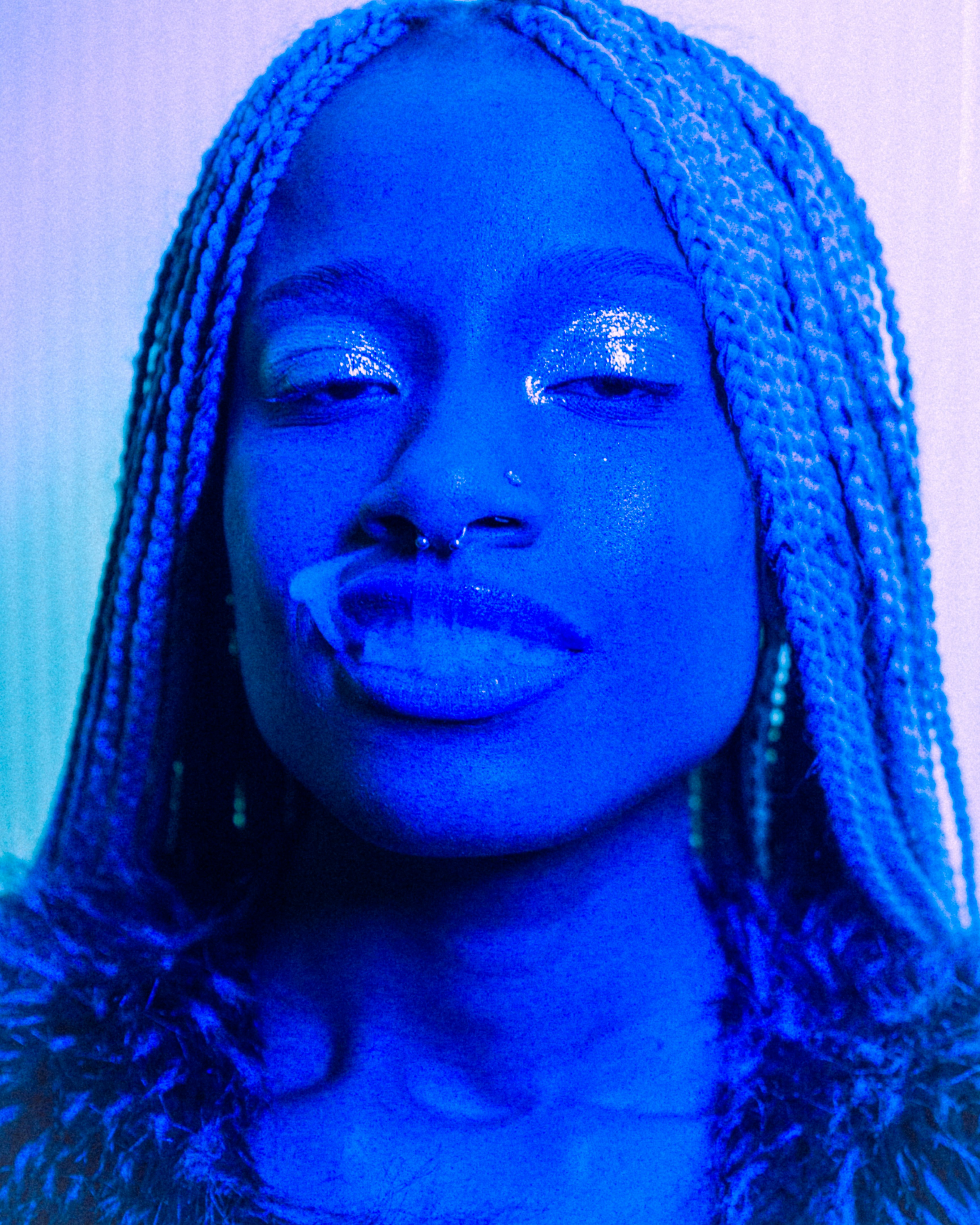 Azure Neon Portrait: Glittered Lids in a Blue Studio Glow