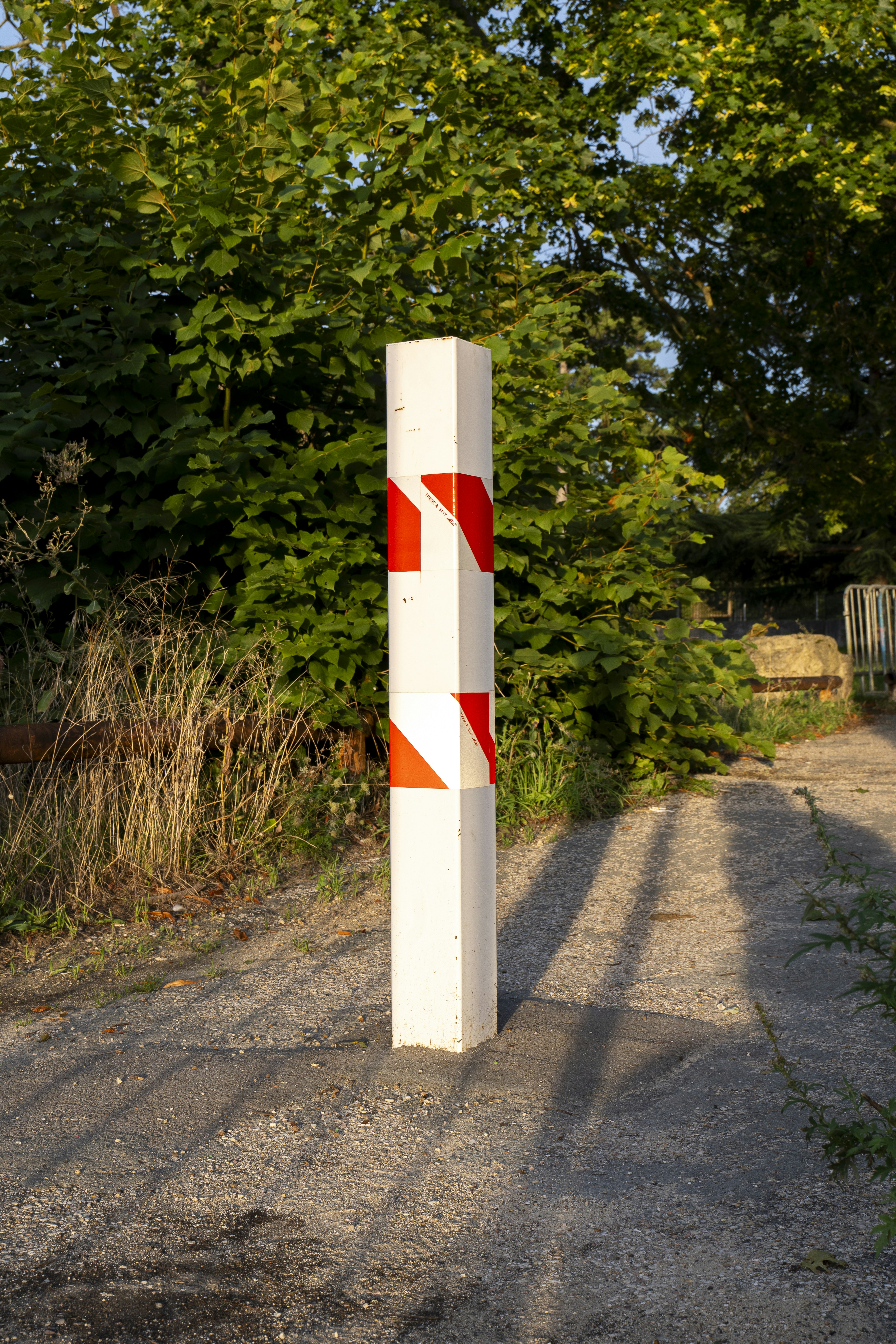 Vertical pole with red and white markings stands amidst lush greenery and gravel path, casting long shadows in the evening light.
