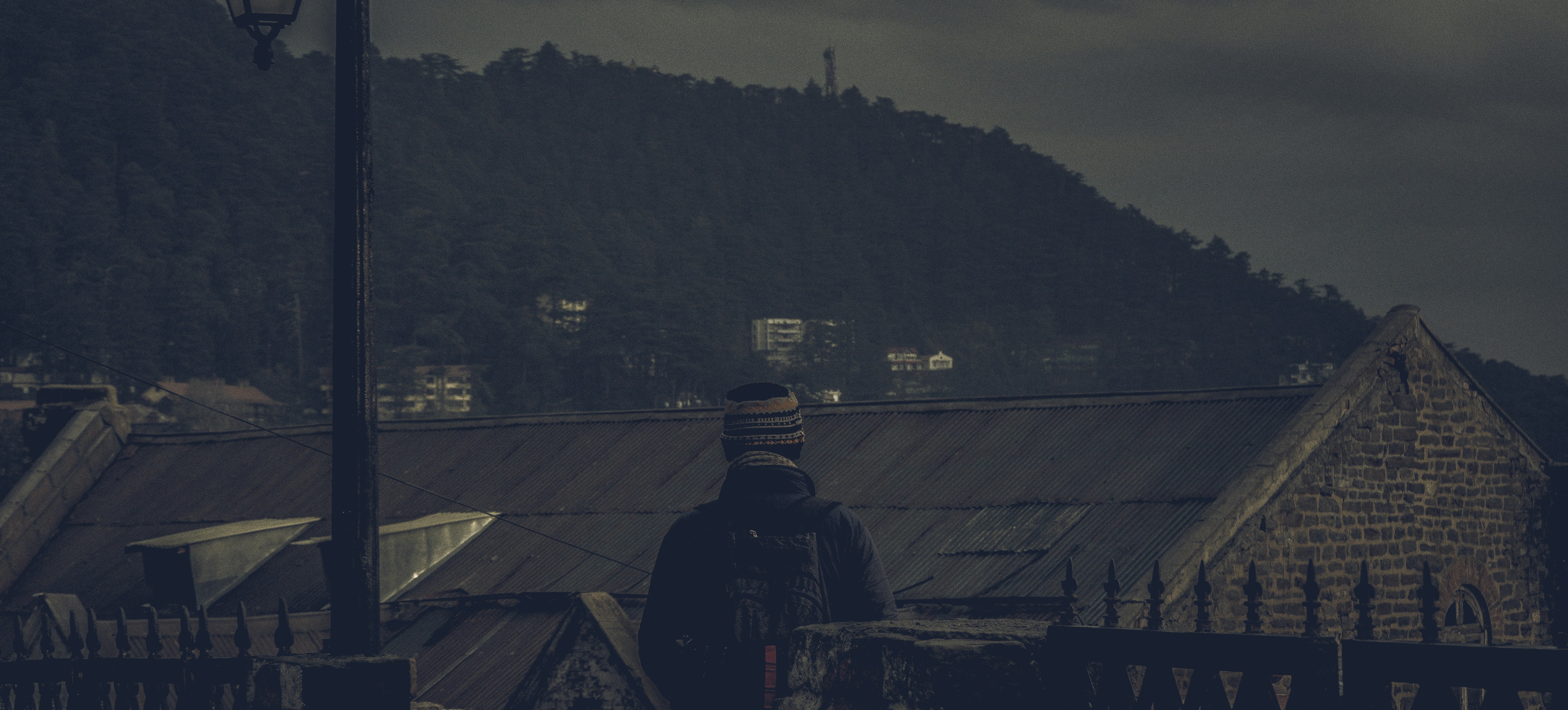 Lone Wanderer Against a Dusk-Tinted Rooftop Horizon
