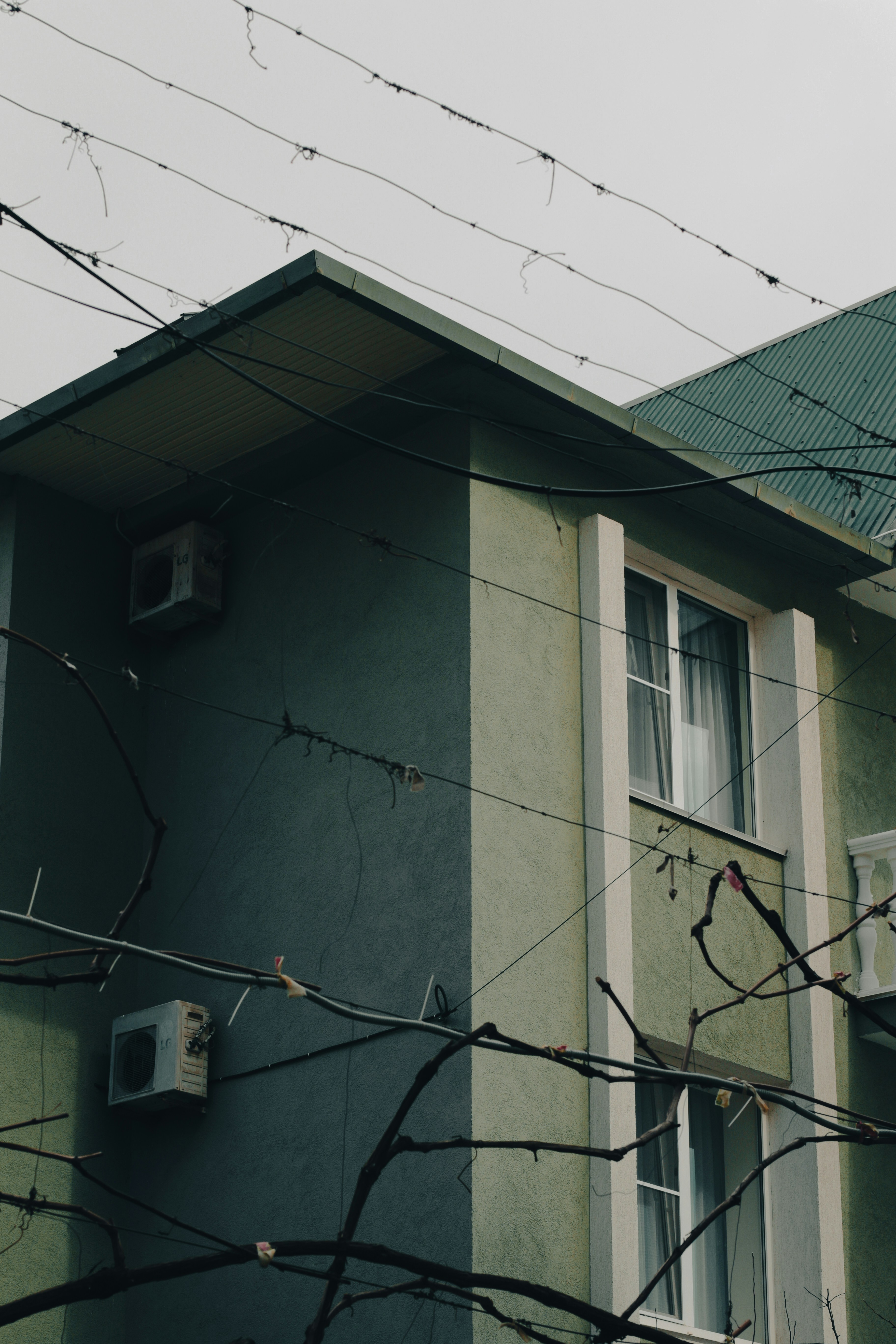 Modern building exterior featuring a green wall and air conditioning units, framed by overhanging branches and power lines.