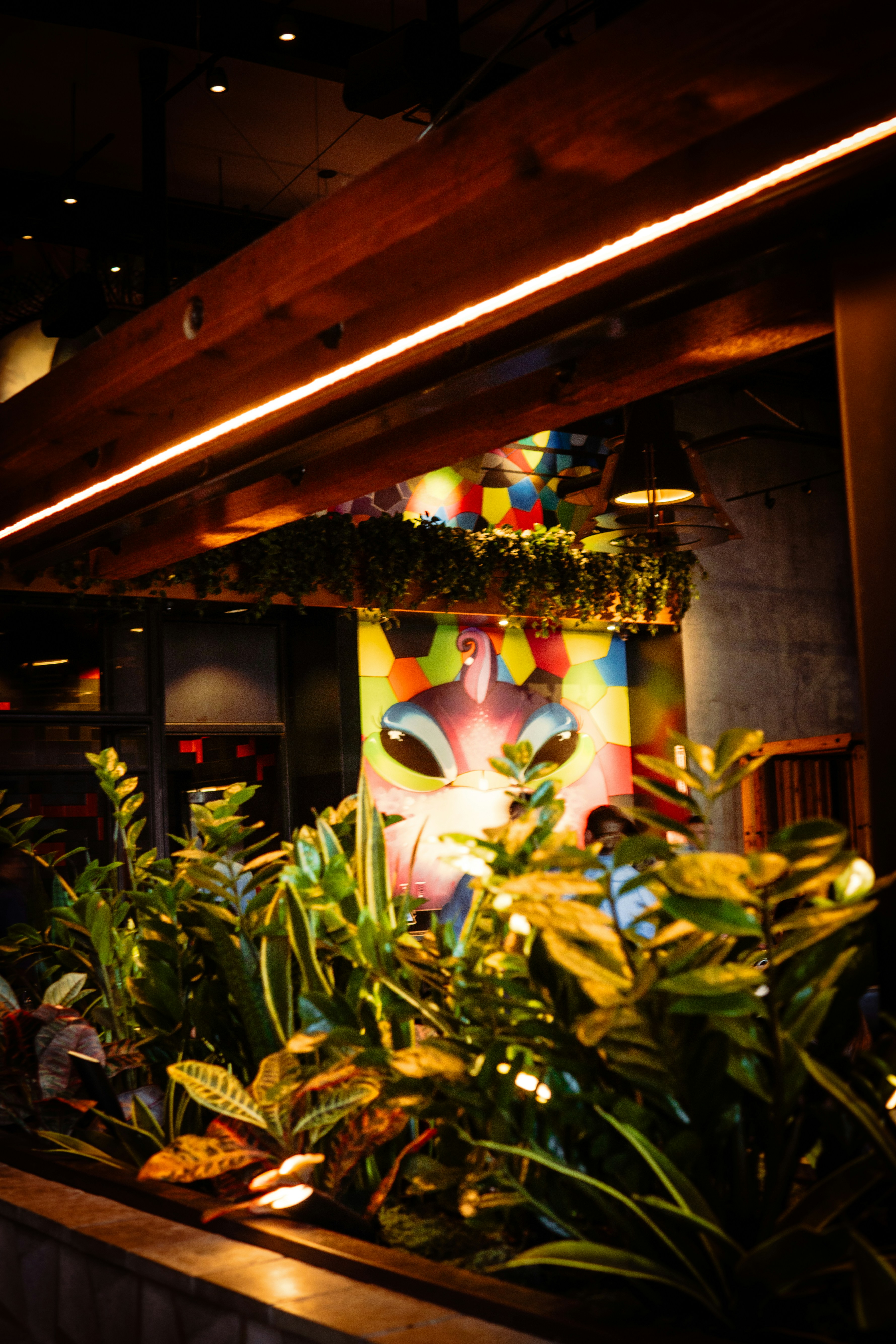 Amber Beams and a Jungle Mural: Colorful Café Portrait in Warm Light