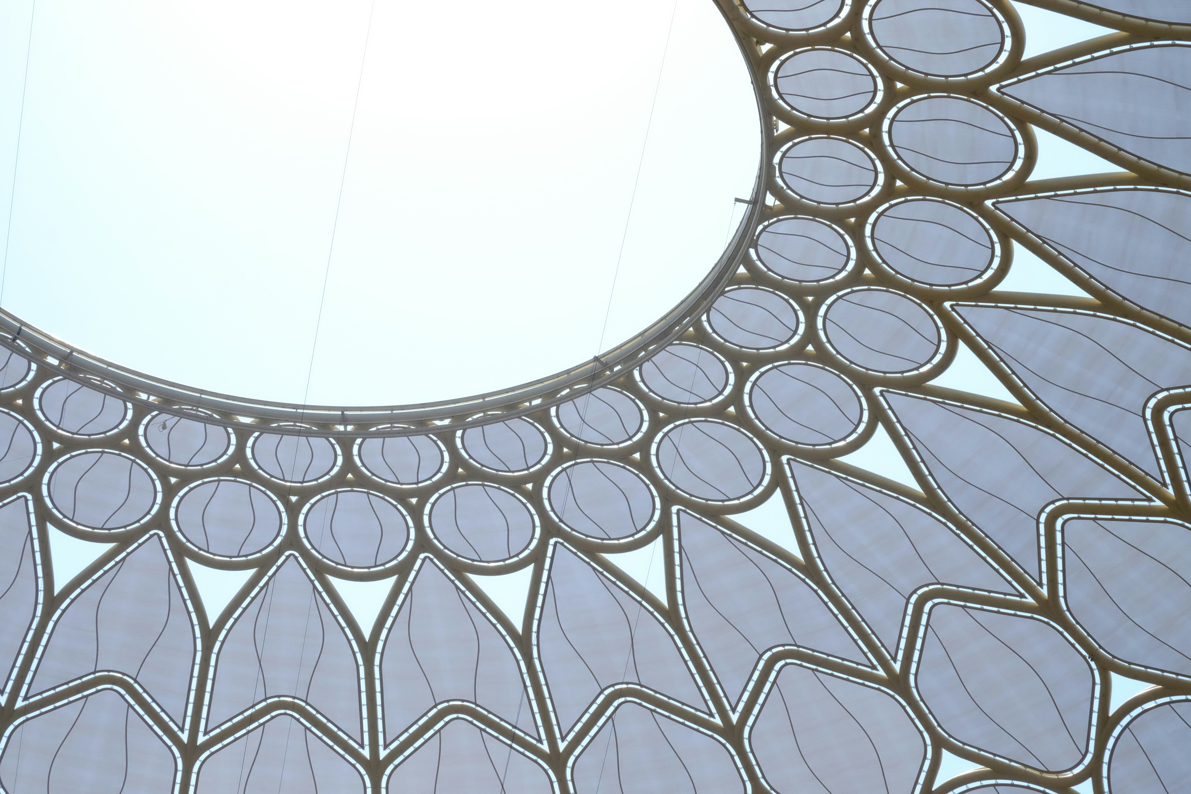 Radial Glass Halo: Petal-Pattern Skylight Circling a Bright Sky
