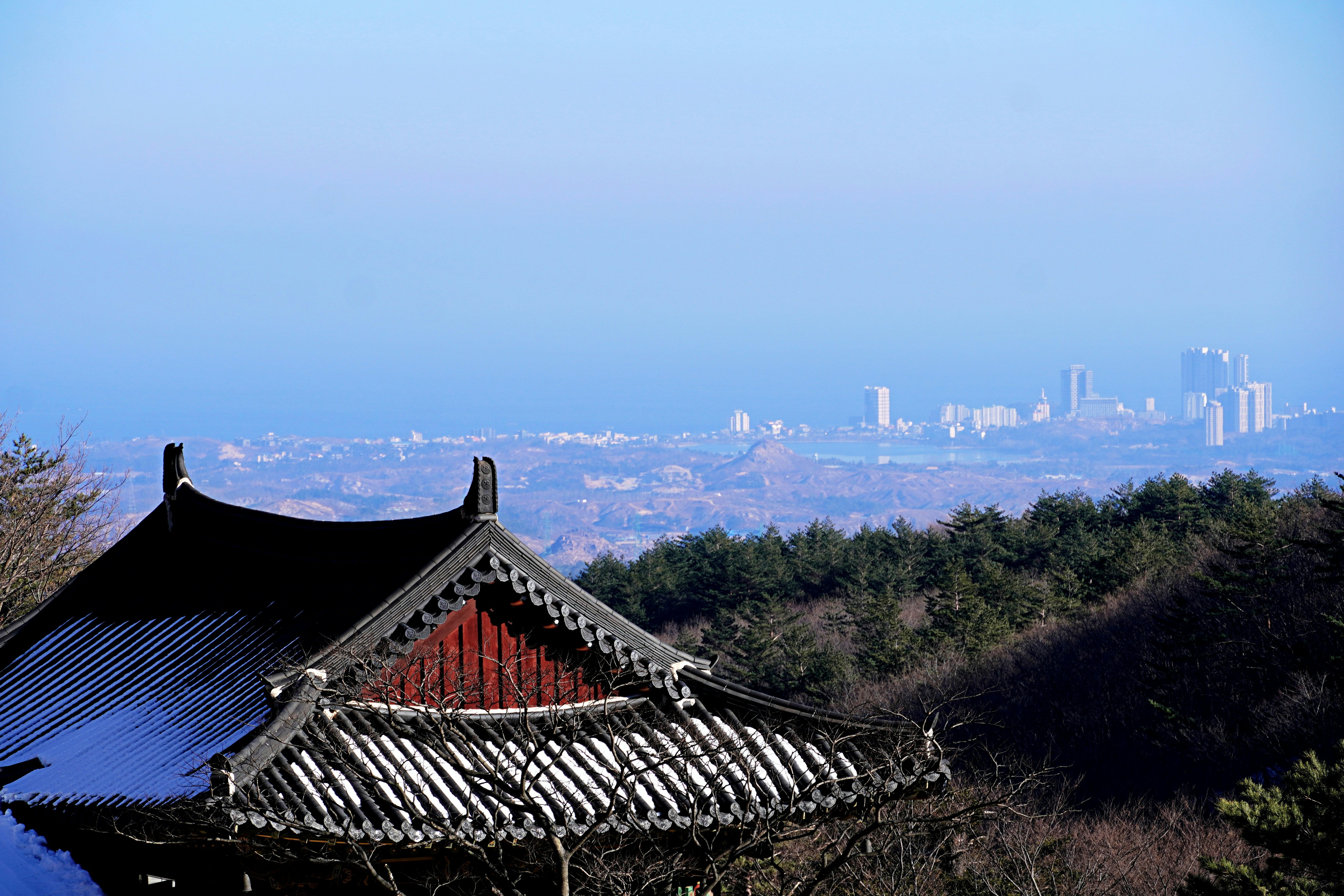 Heritage Rooflines Framing a Distant Urban Horizon