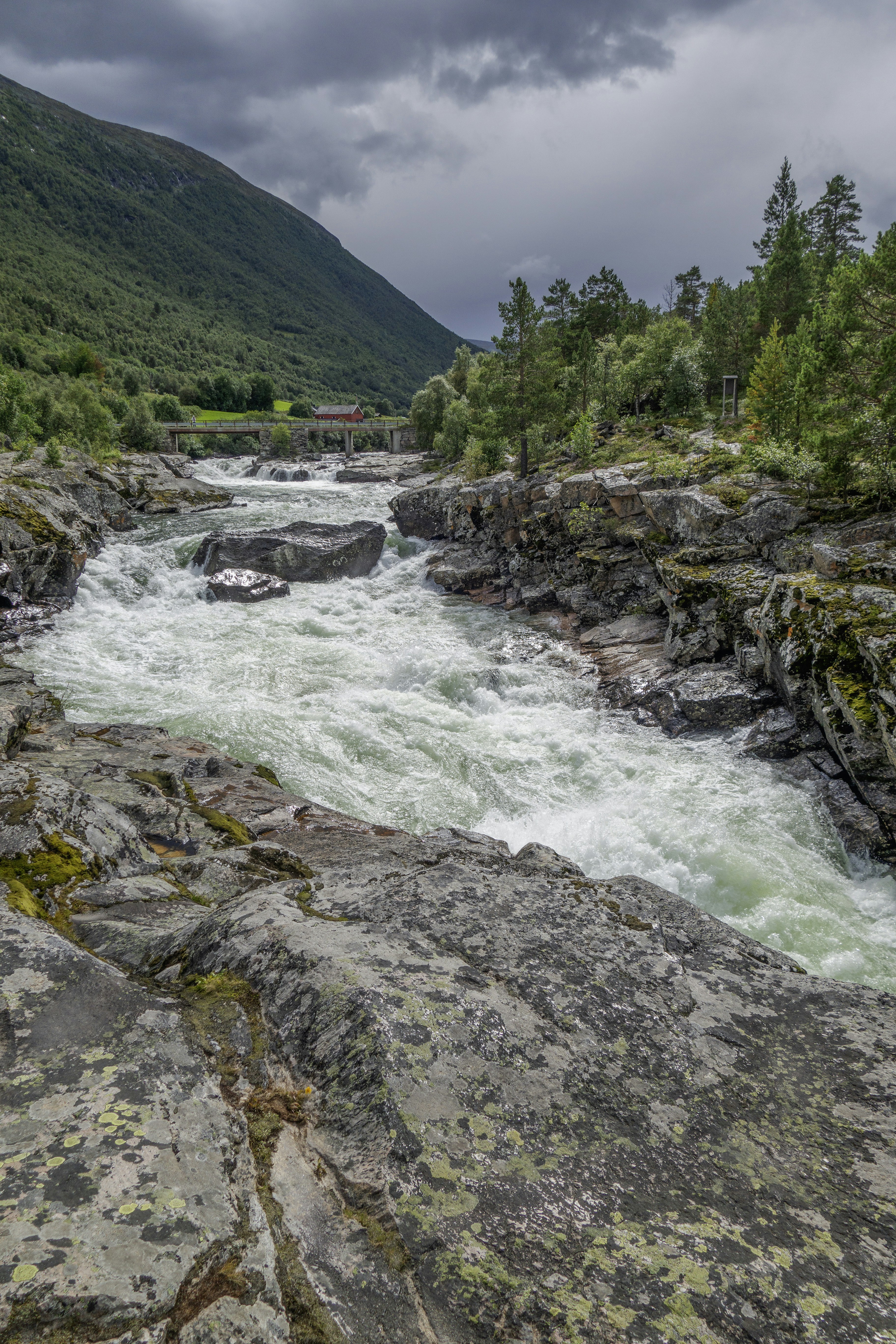 Granite Gorge Rush: Whitewater carving a valley under a moody sky