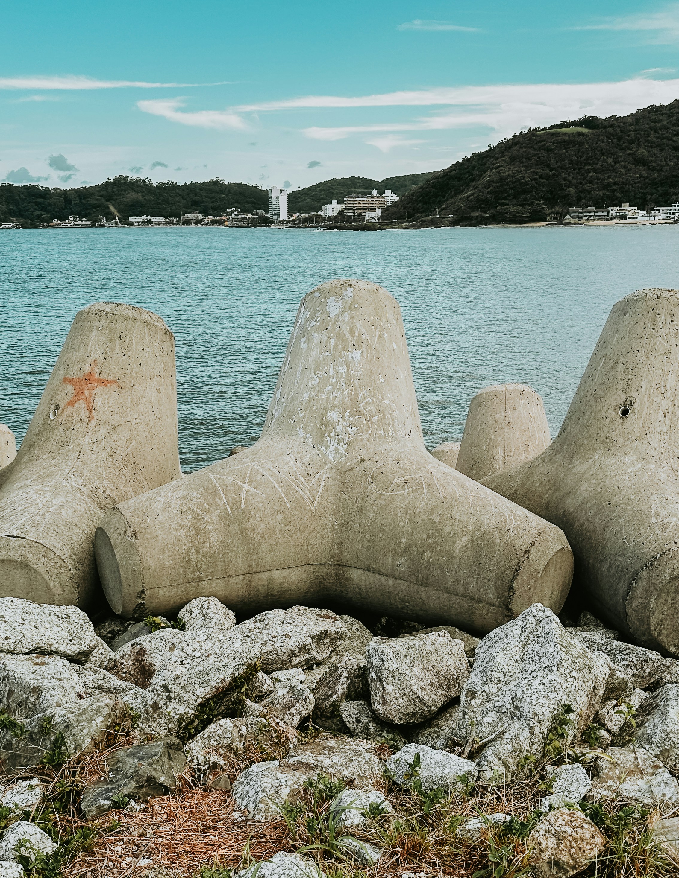 Guardians of the Shore: Concrete Tetrapods Framing a Quiet Bay