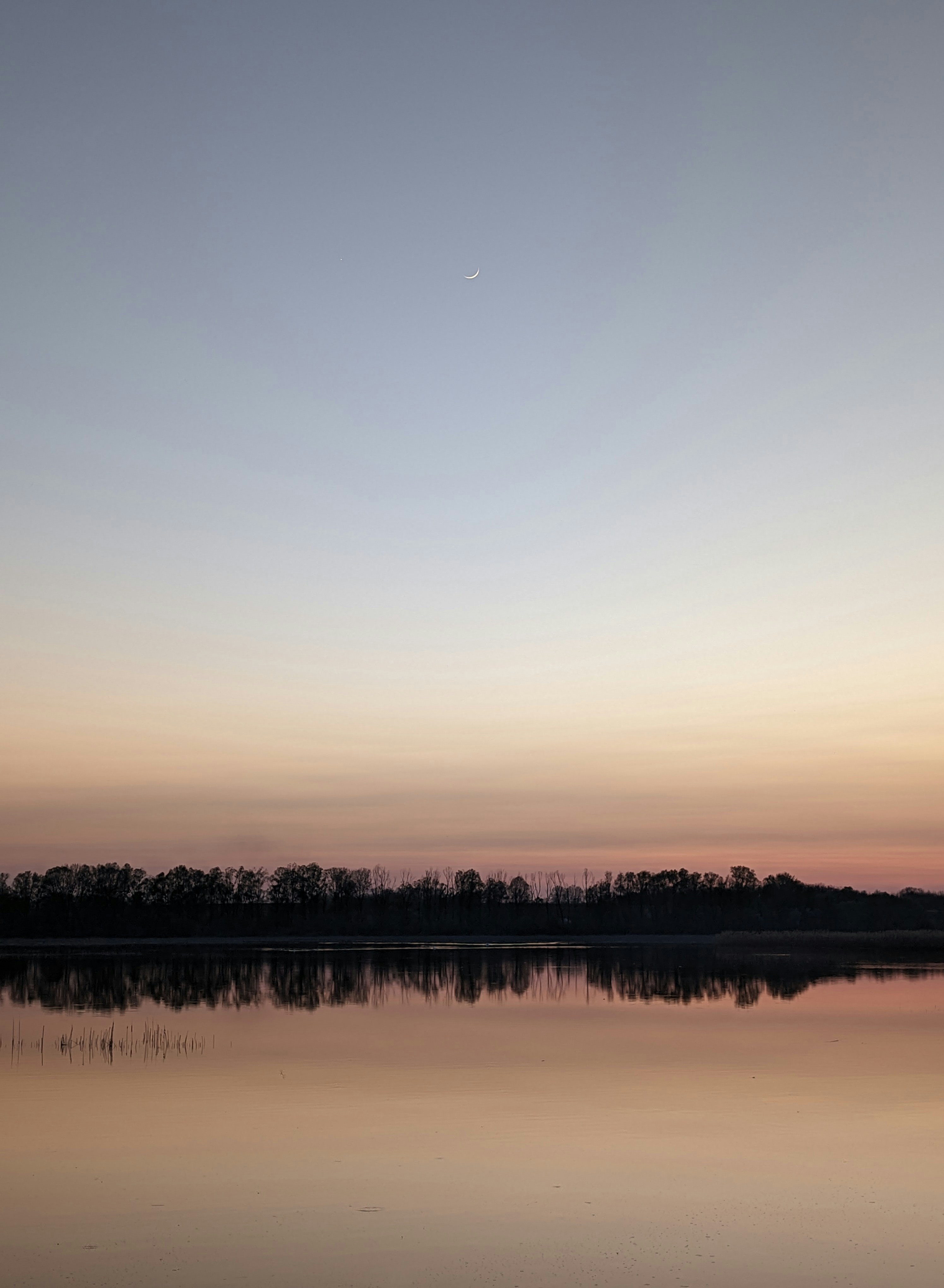 Crescent Moon Over Velvet Lake at Sundown