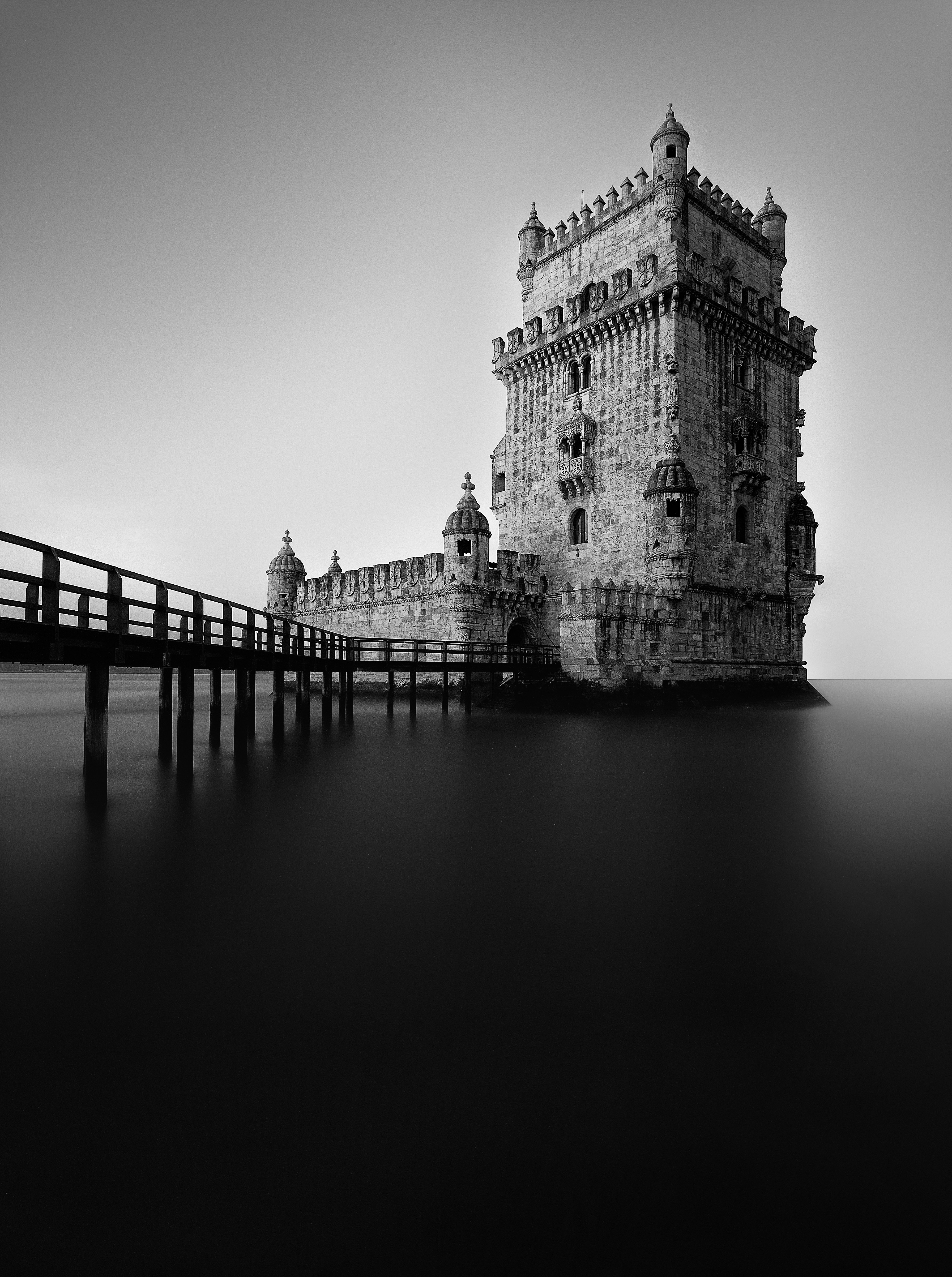 A black and white photo of a pier and a castle photo – Free Grey Image ...