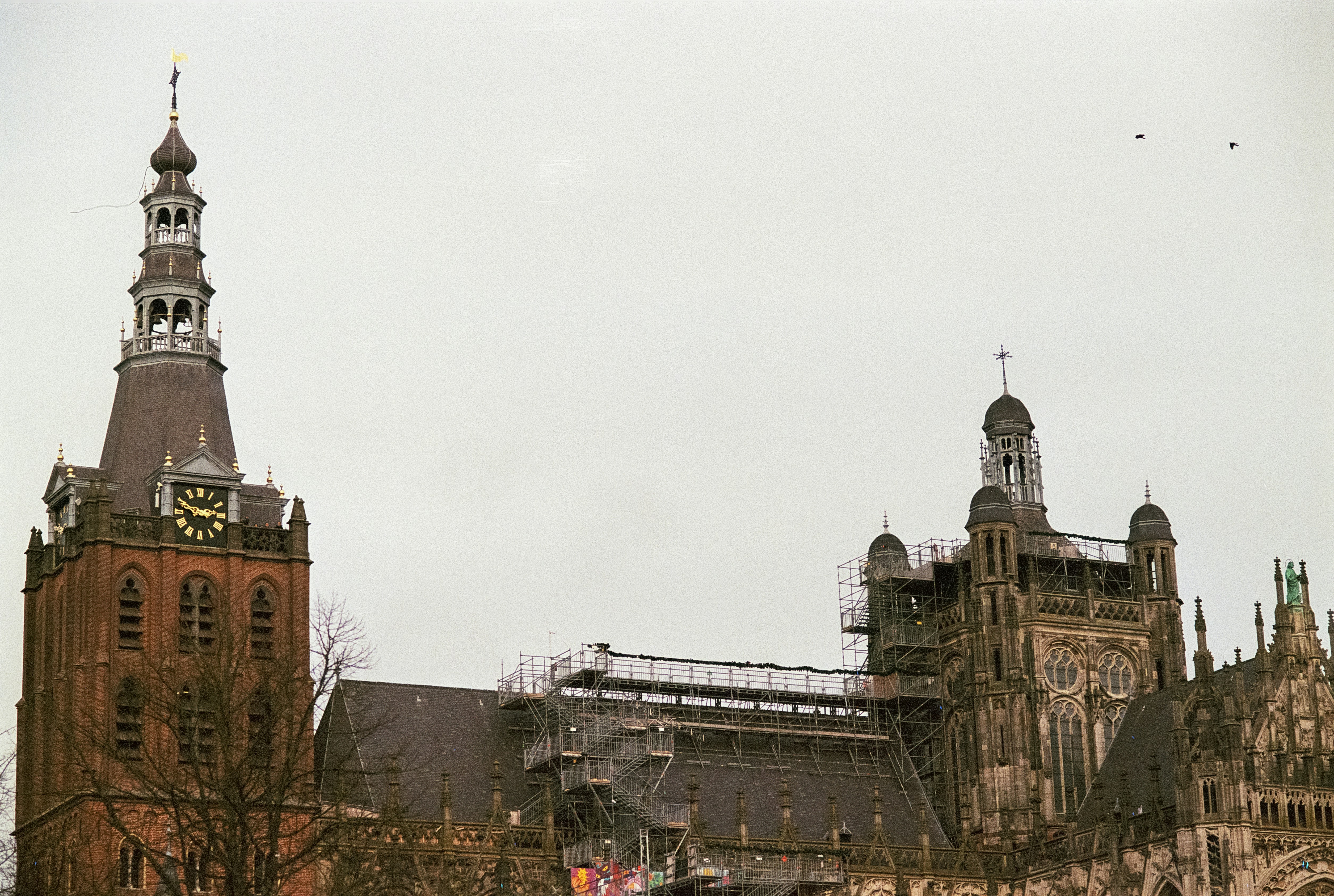 Clock Tower Under Restoration: Cathedral Facade Wrapped in Scaffolding