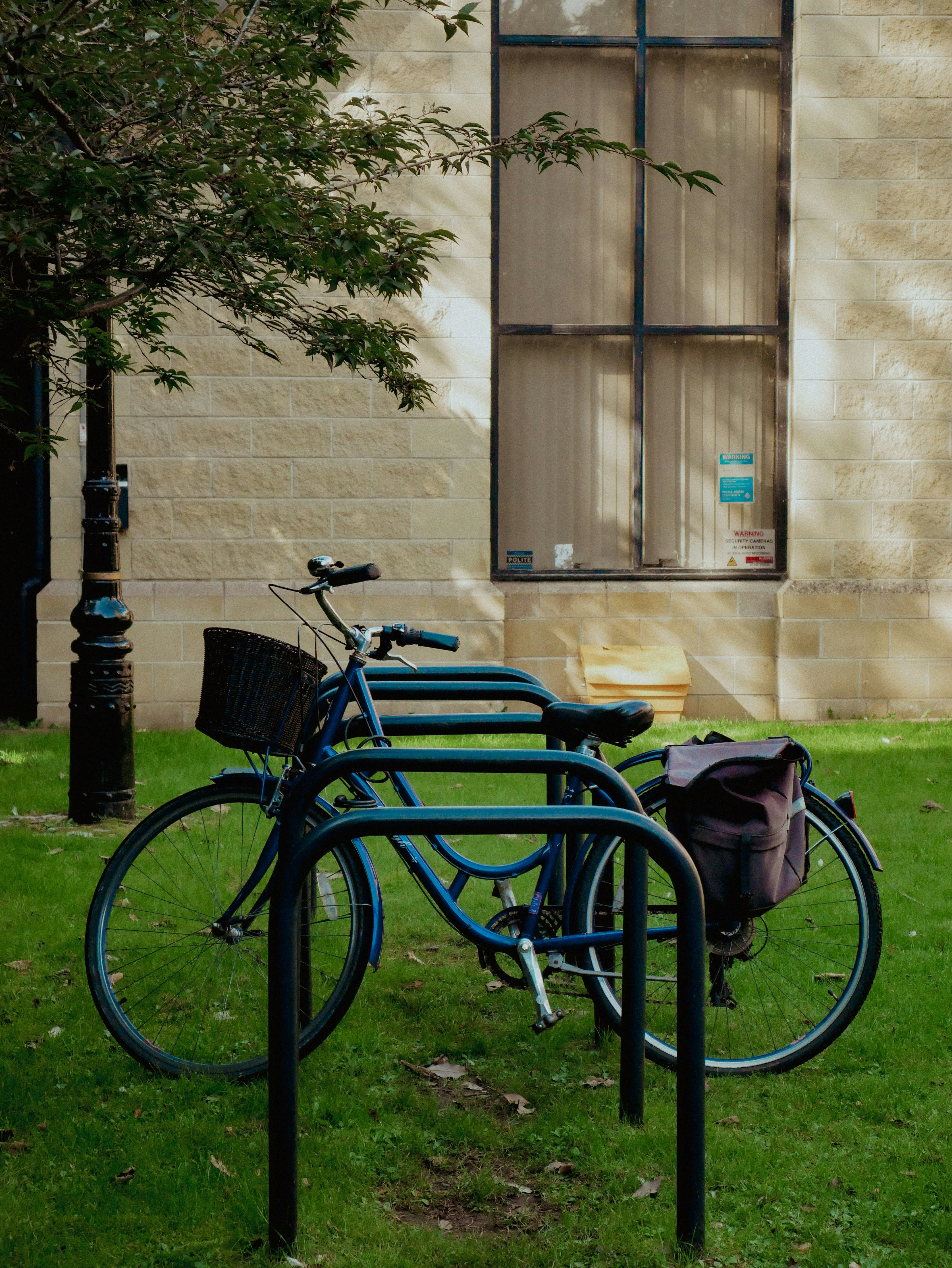 Blue bicycles in front of a sunlit stone building