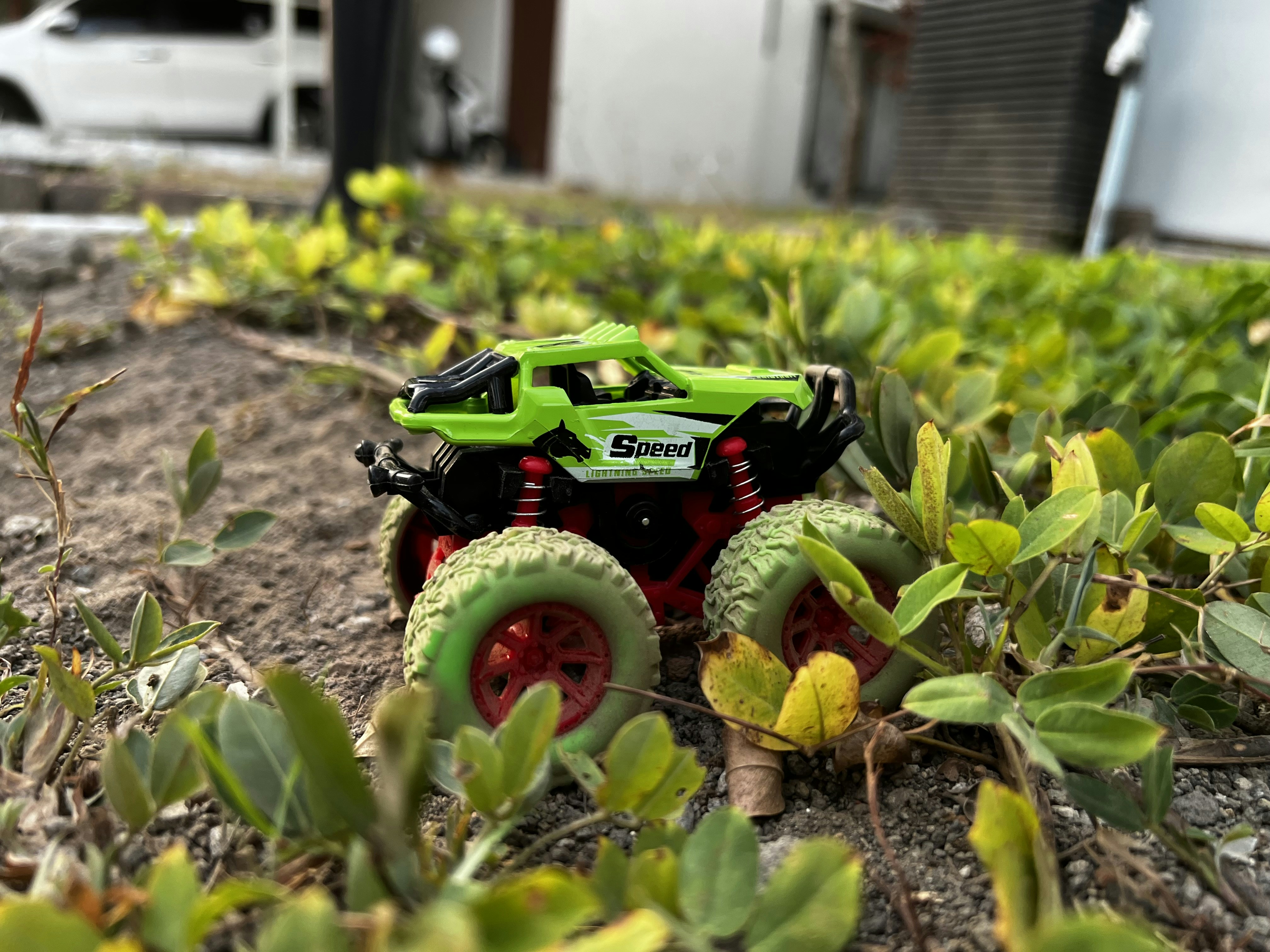 Green RC Monster Truck Traverses a Garden Bed