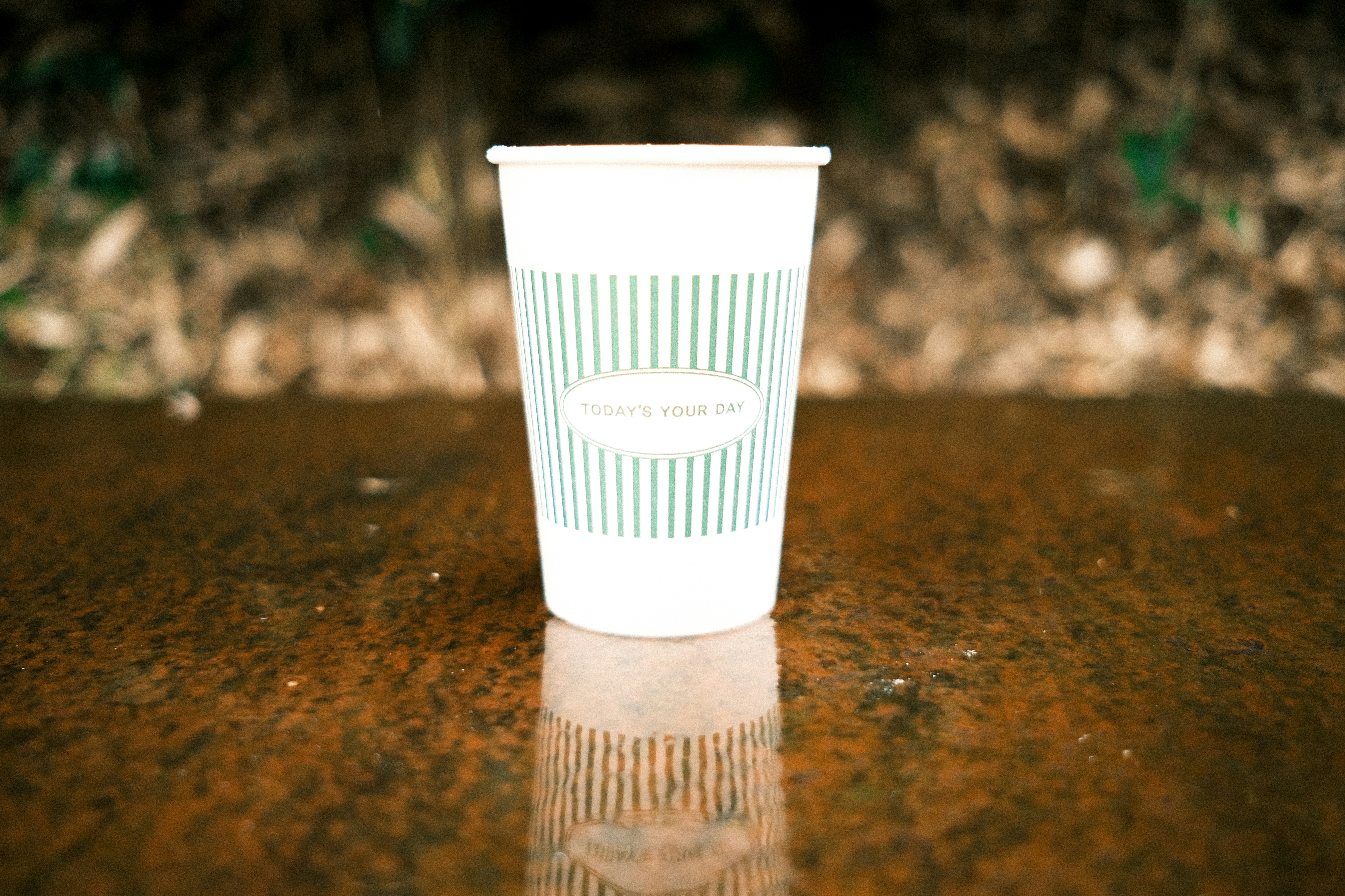 Cup of Today’s Your Day standing solo on a rusted counter