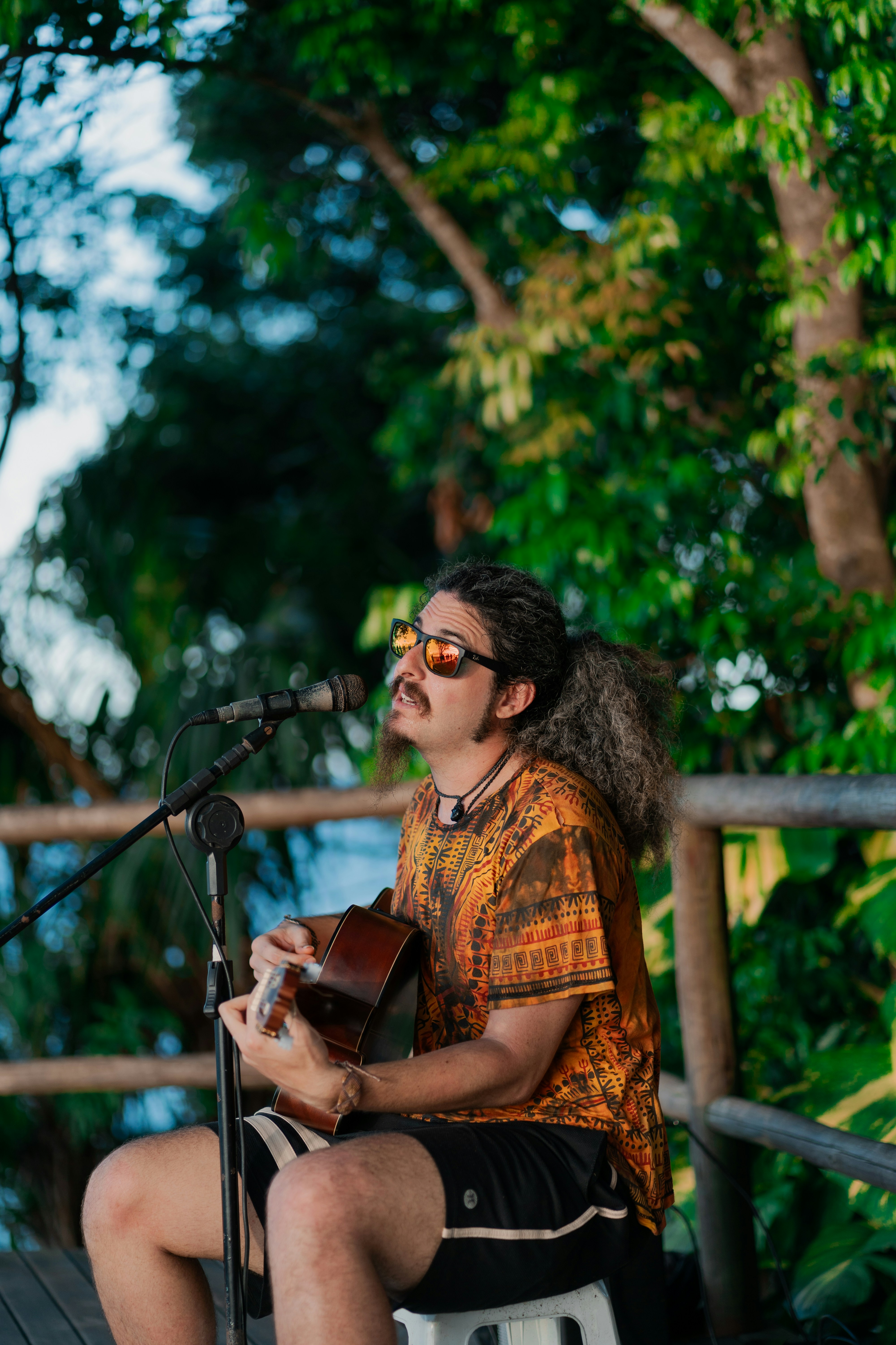 Grooving Under Green Canopy: Guitar, Mic, and Sunset Hues