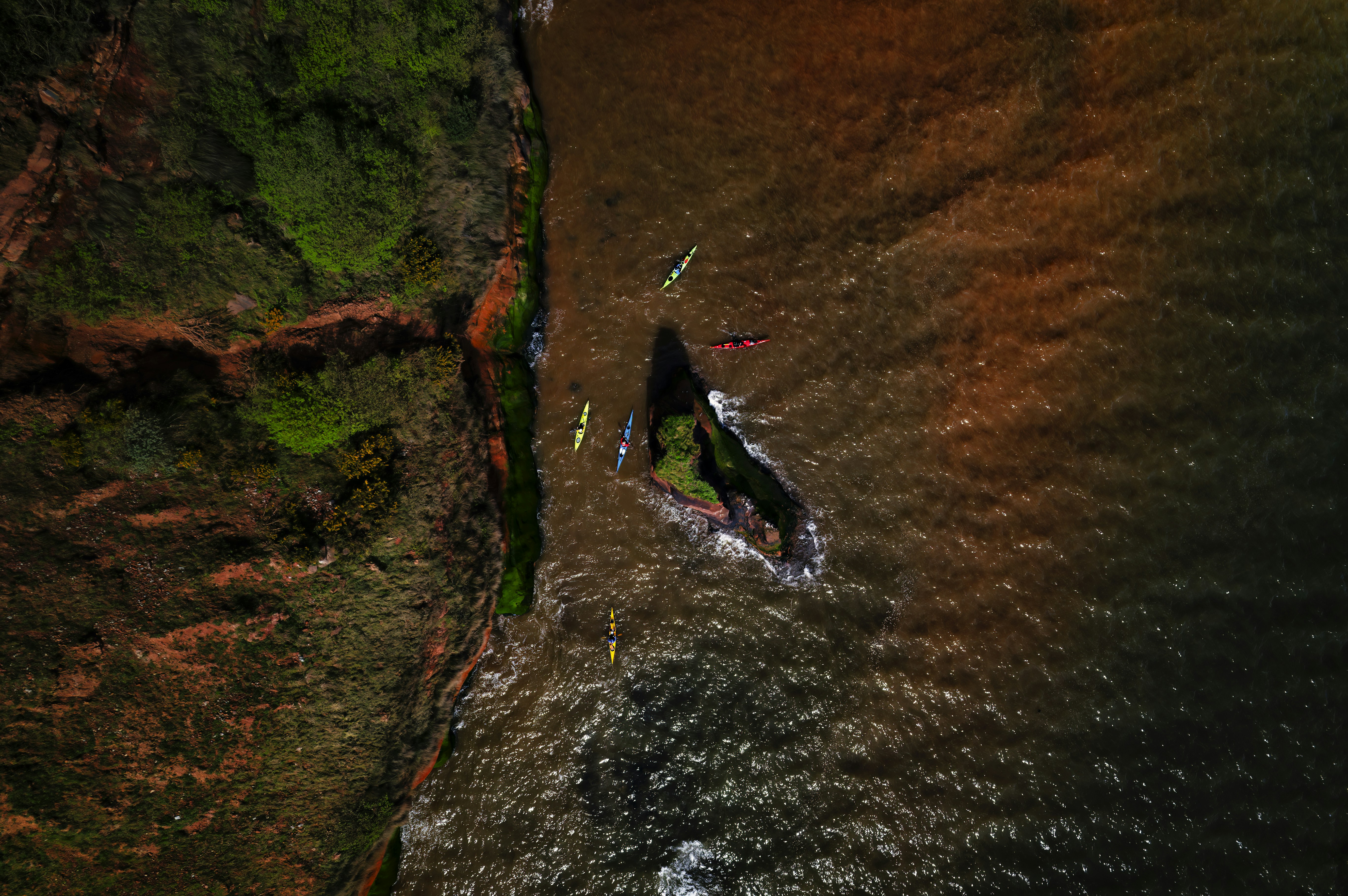 Rainbow flotilla glides around a sea-ringed rock beside a mossy cliff