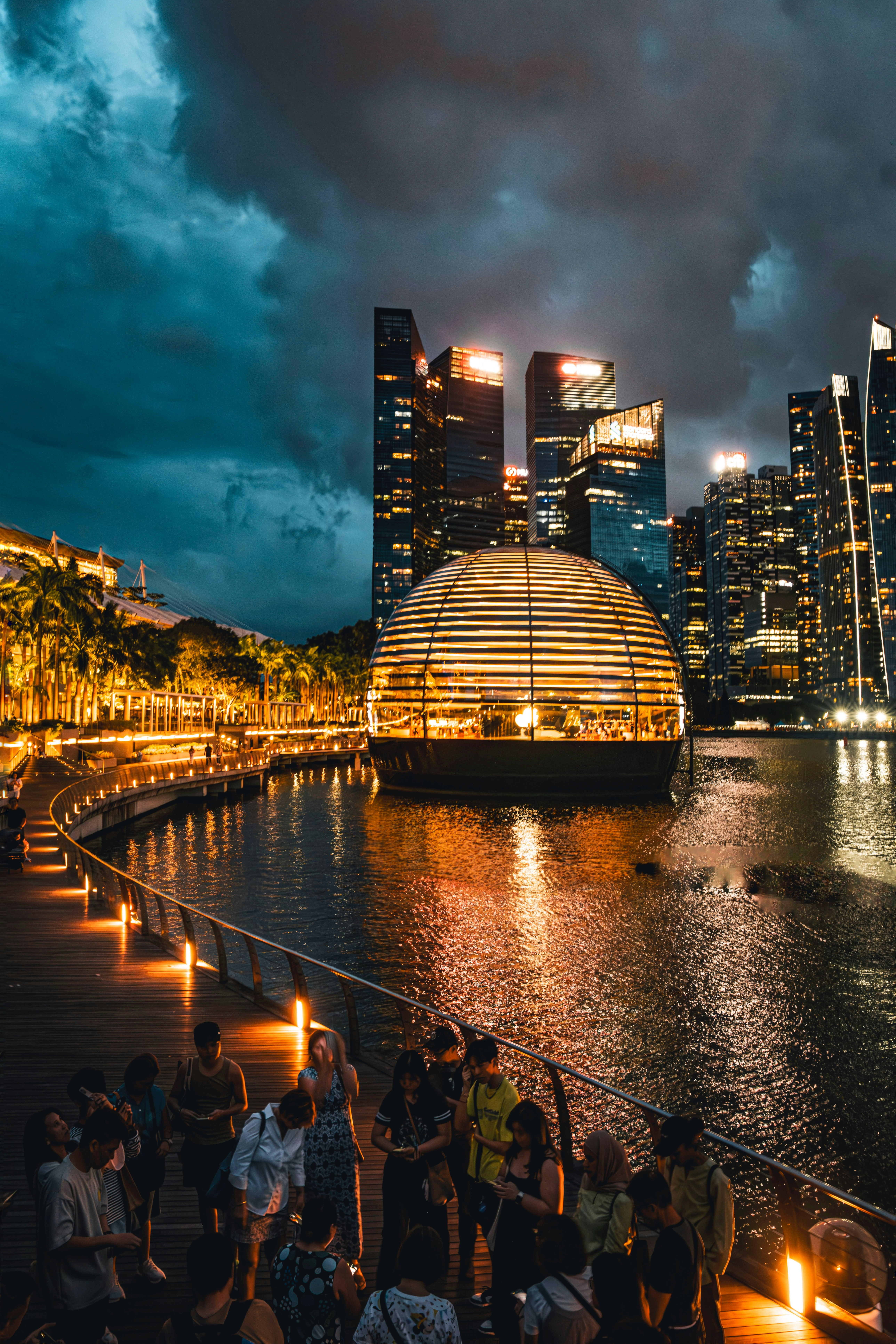Luminous Dome Harbor: A Glass Sphere Framed by Neon Skyscrapers