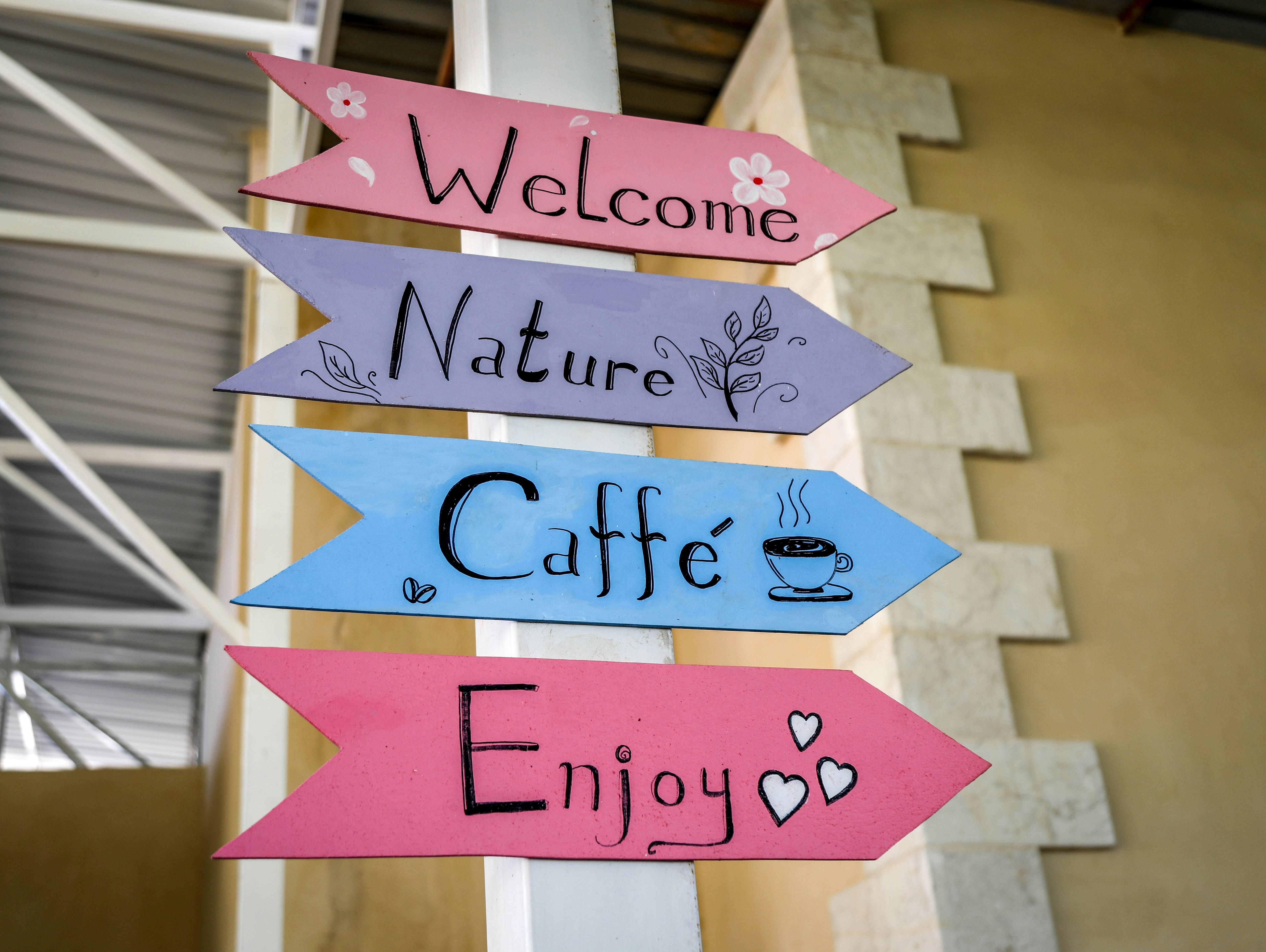 A sign that says welcome, nature, cafe, enjoy photo – Free Syria Image ...
