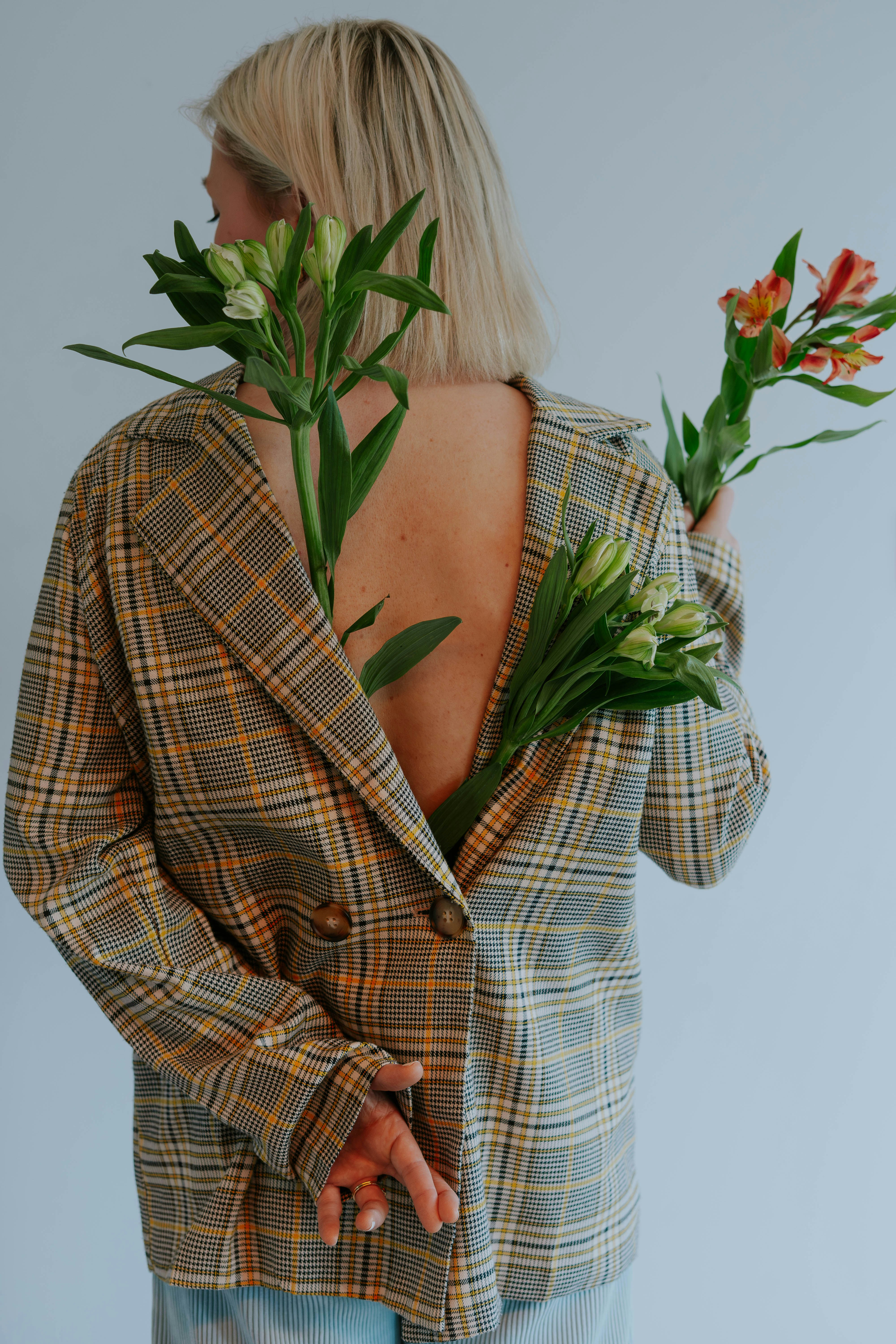 Back-View Bouquet: Plaid Blazer and Fresh Flowers