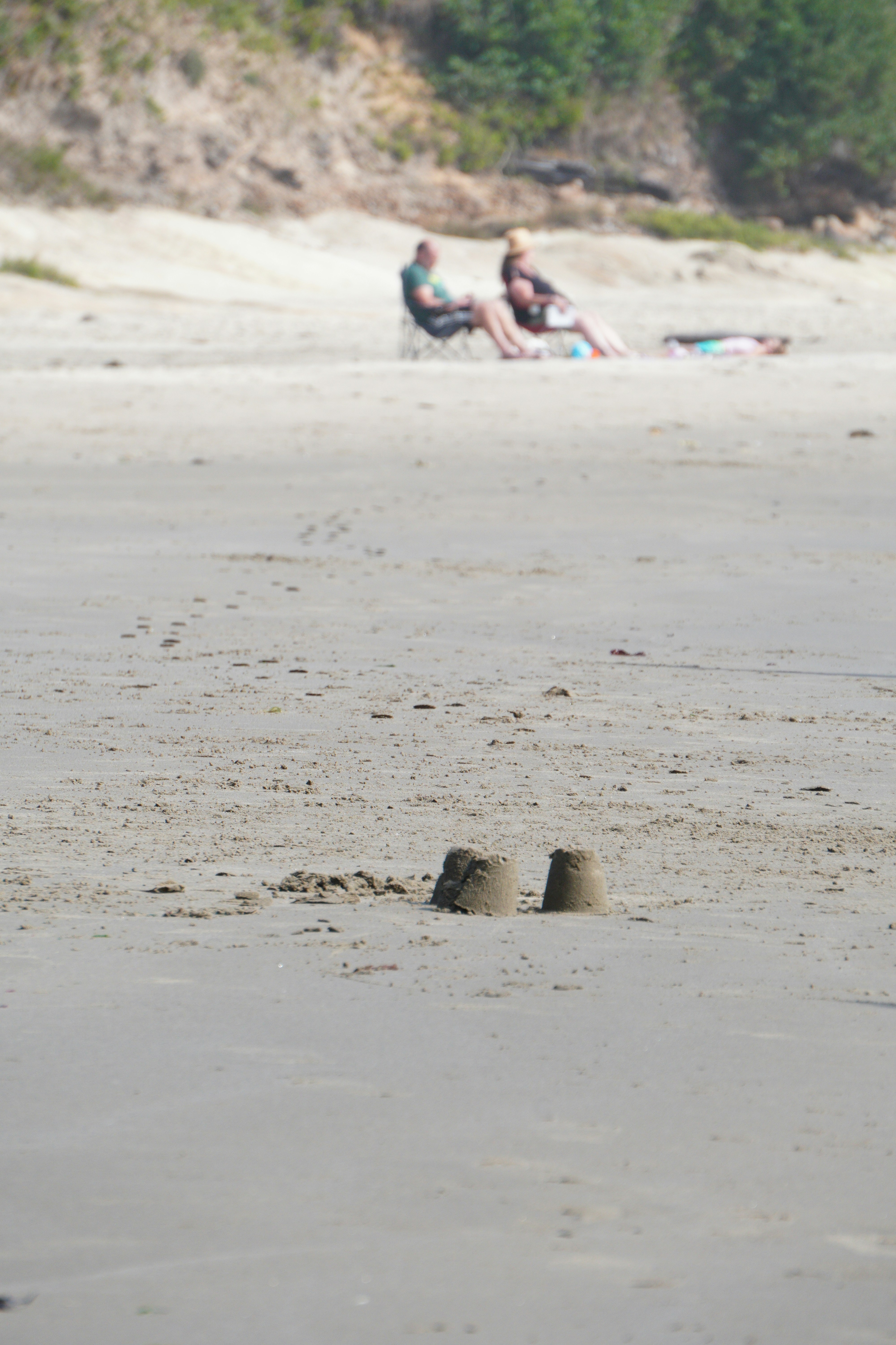 Twin Sand Castles on a Quiet Shore, Framed by a Soft-Focus Beach Scene