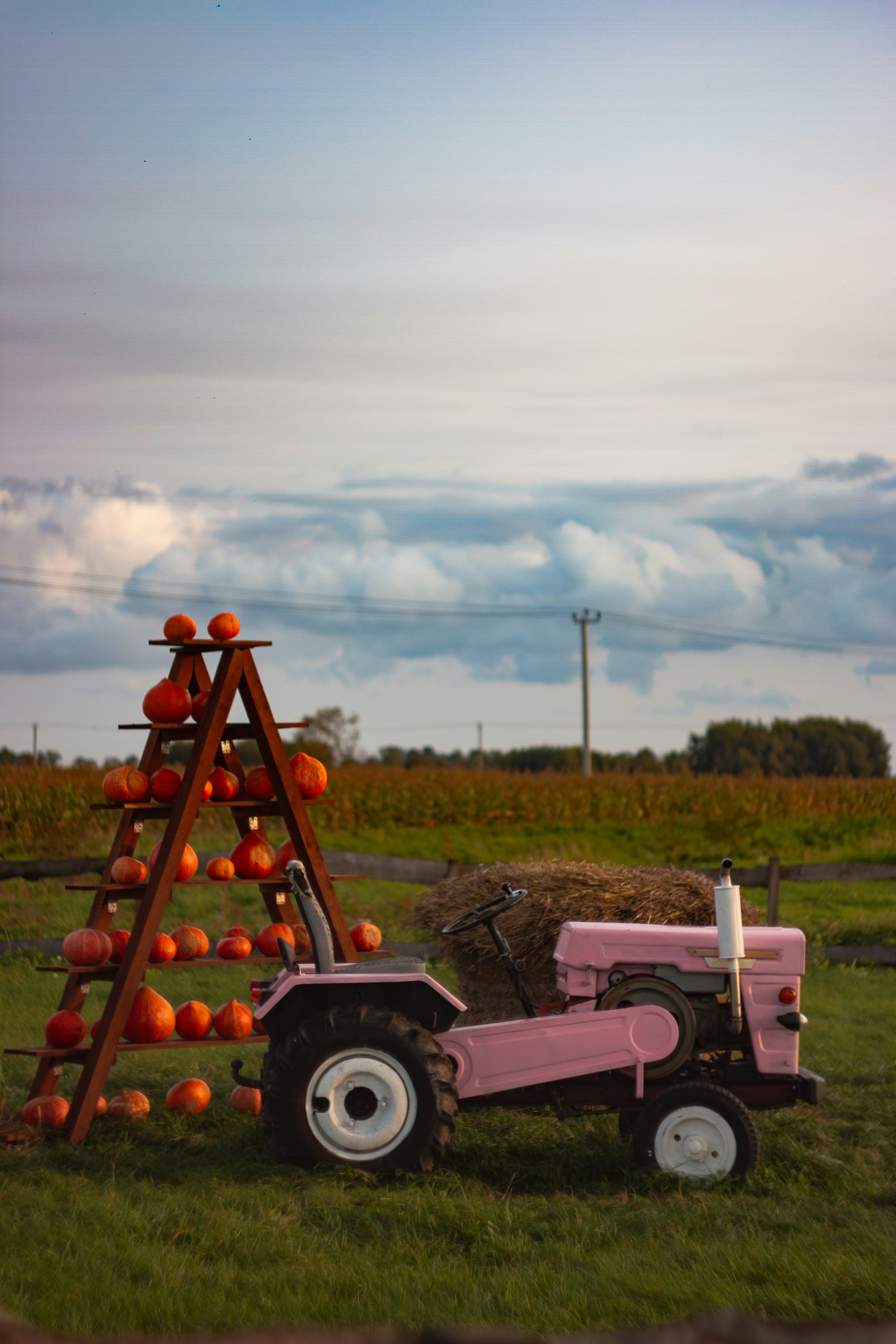 Pastel Pink Tractor by a Wooden Pumpkin Pyramid in a Quiet Farm Field at Dusk