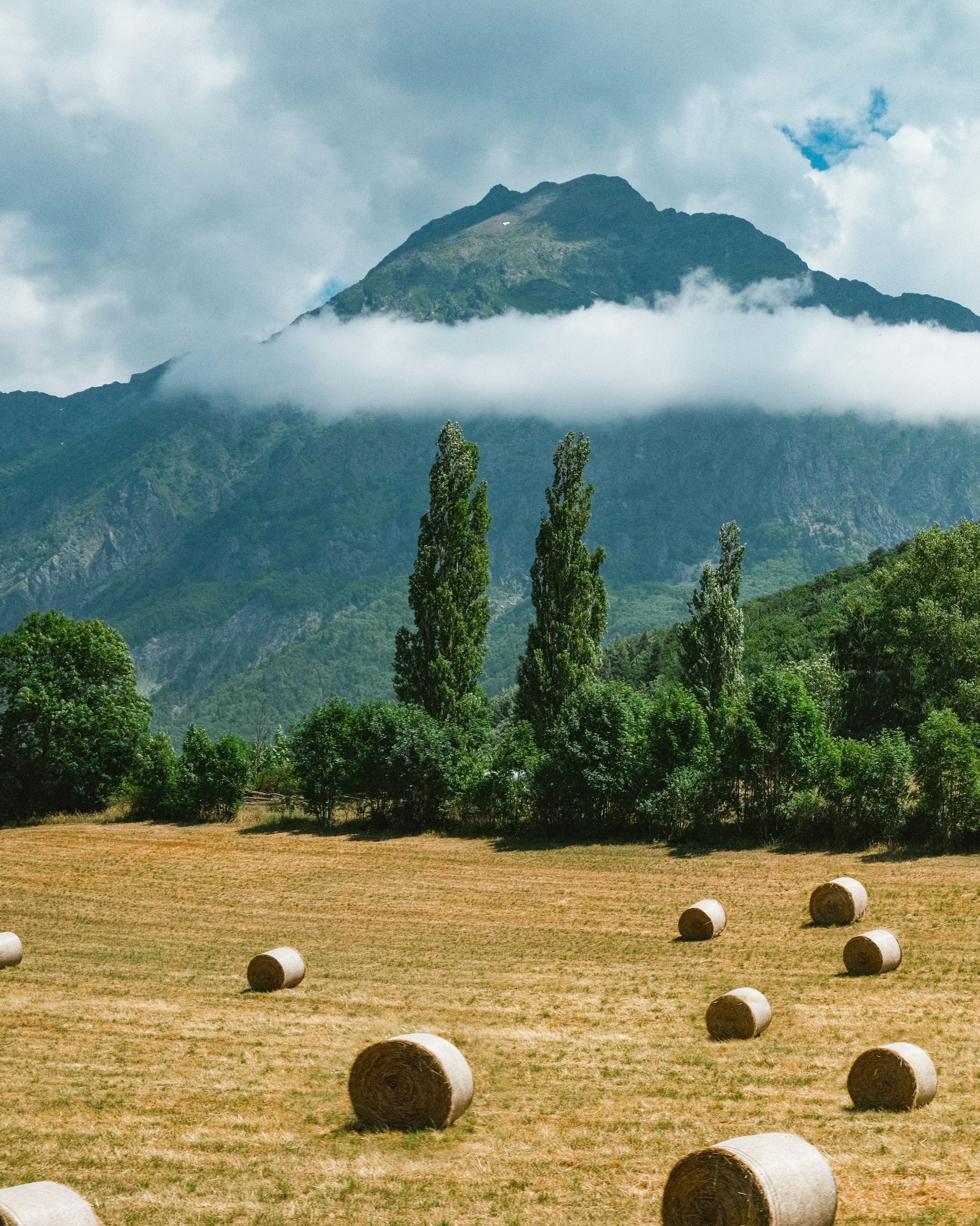 Golden Hay Field Beneath a Cloud-Wedged Alpine Peak