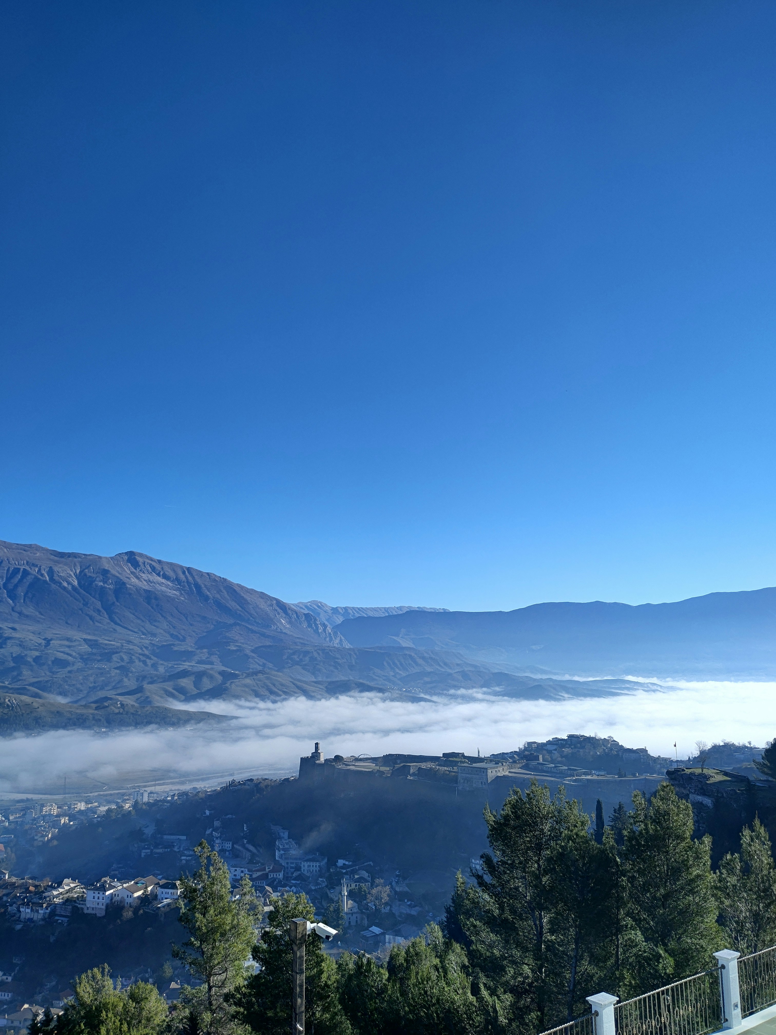 a view of a city with mountains in the background