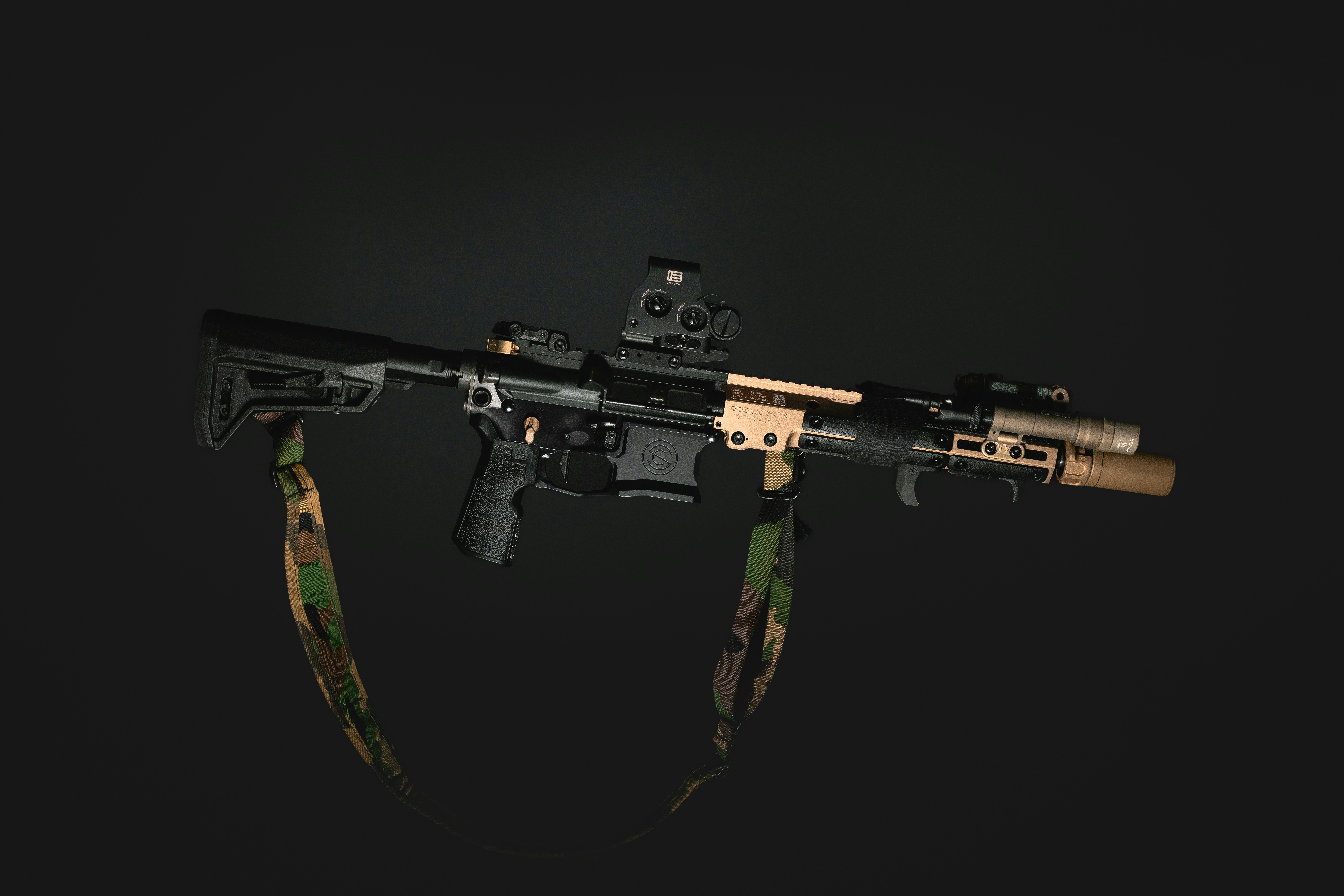 Midnight Precision: A Tactical Rifle Illuminated in Shadow with Camouflage Sling