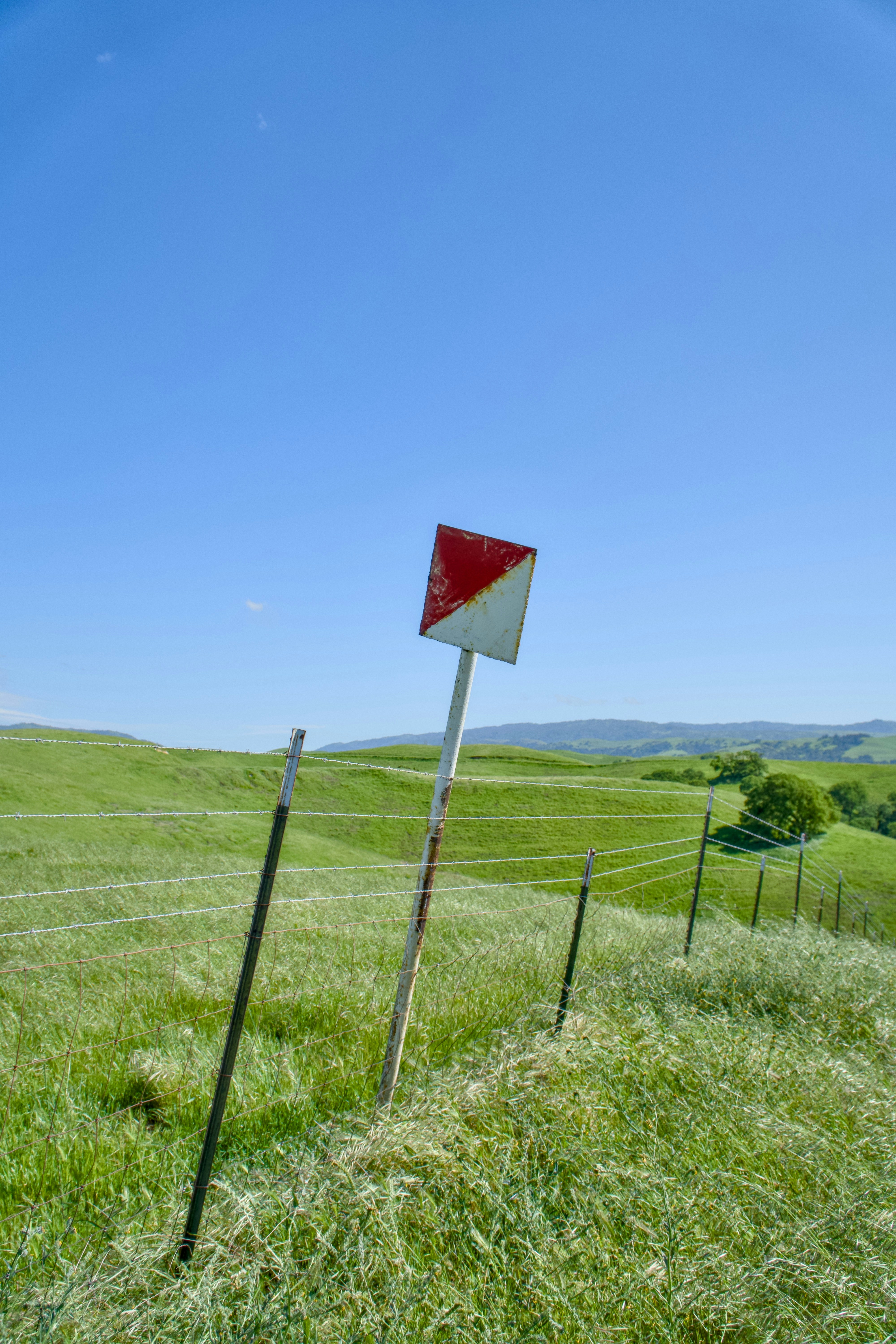 Red-White Warning Post Leaning Into an Open Landscape