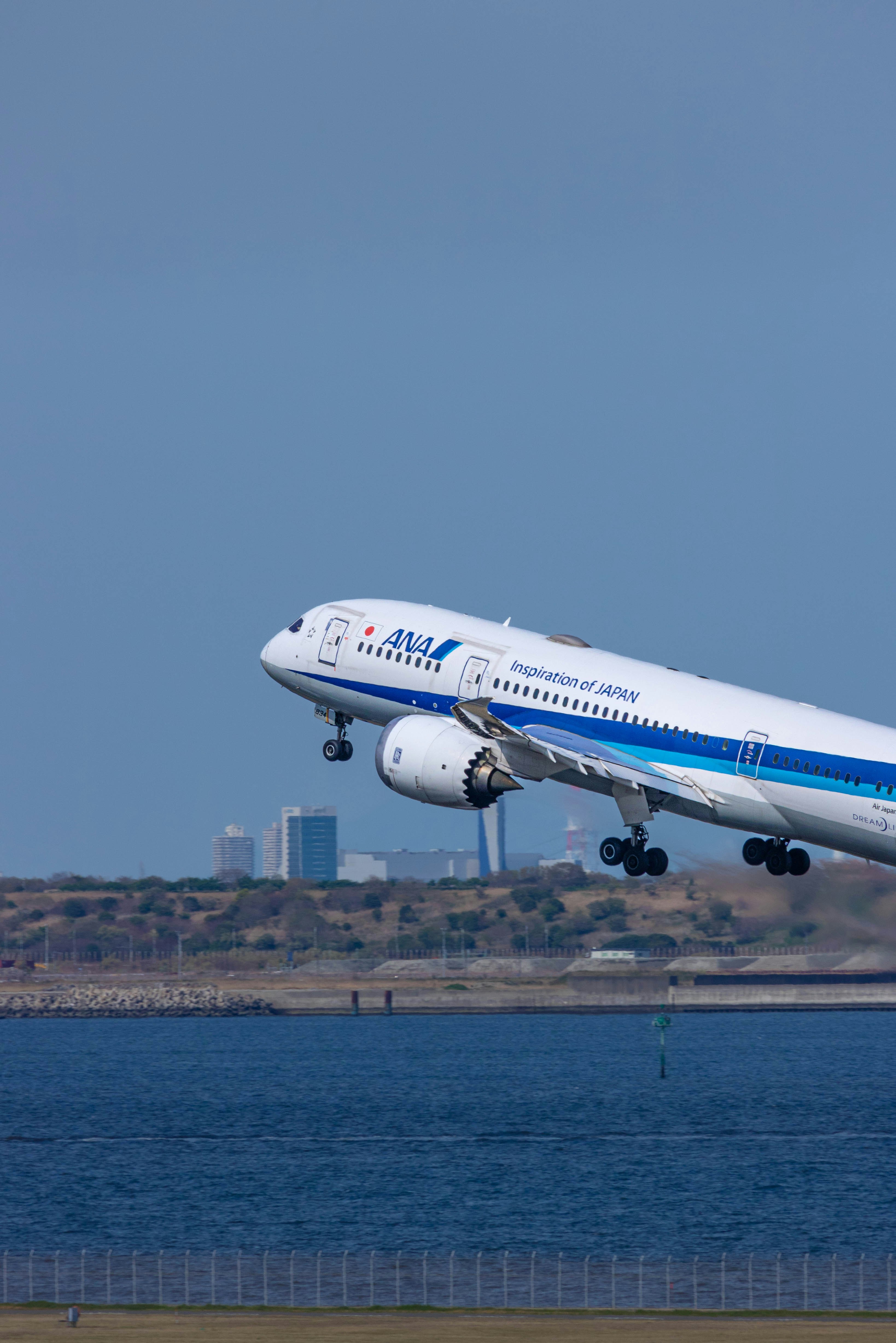 Coastal Lift: ANA Jet Rises Over the Blue Horizon