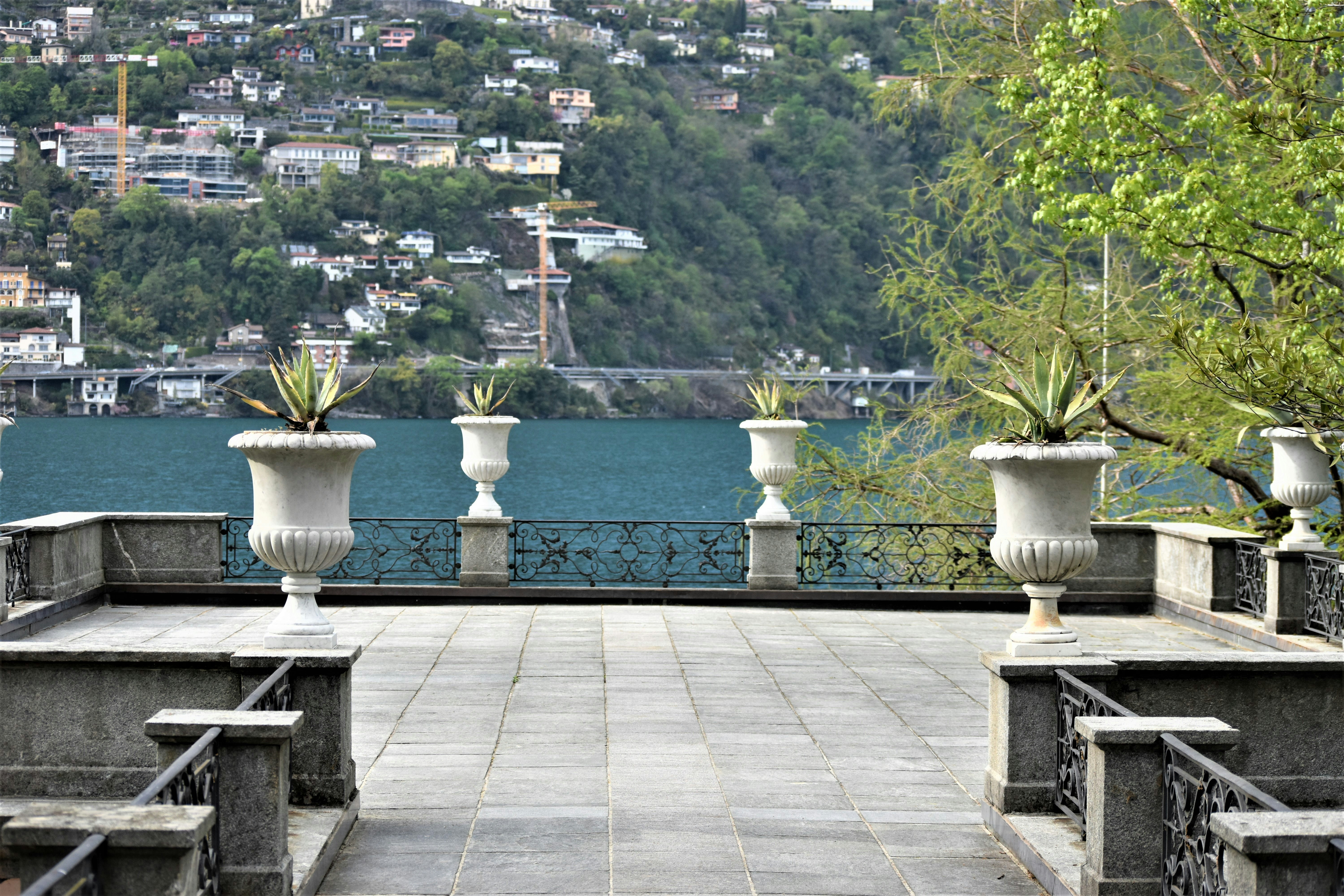 Terrace of Planters Framing a Lakeside Vista