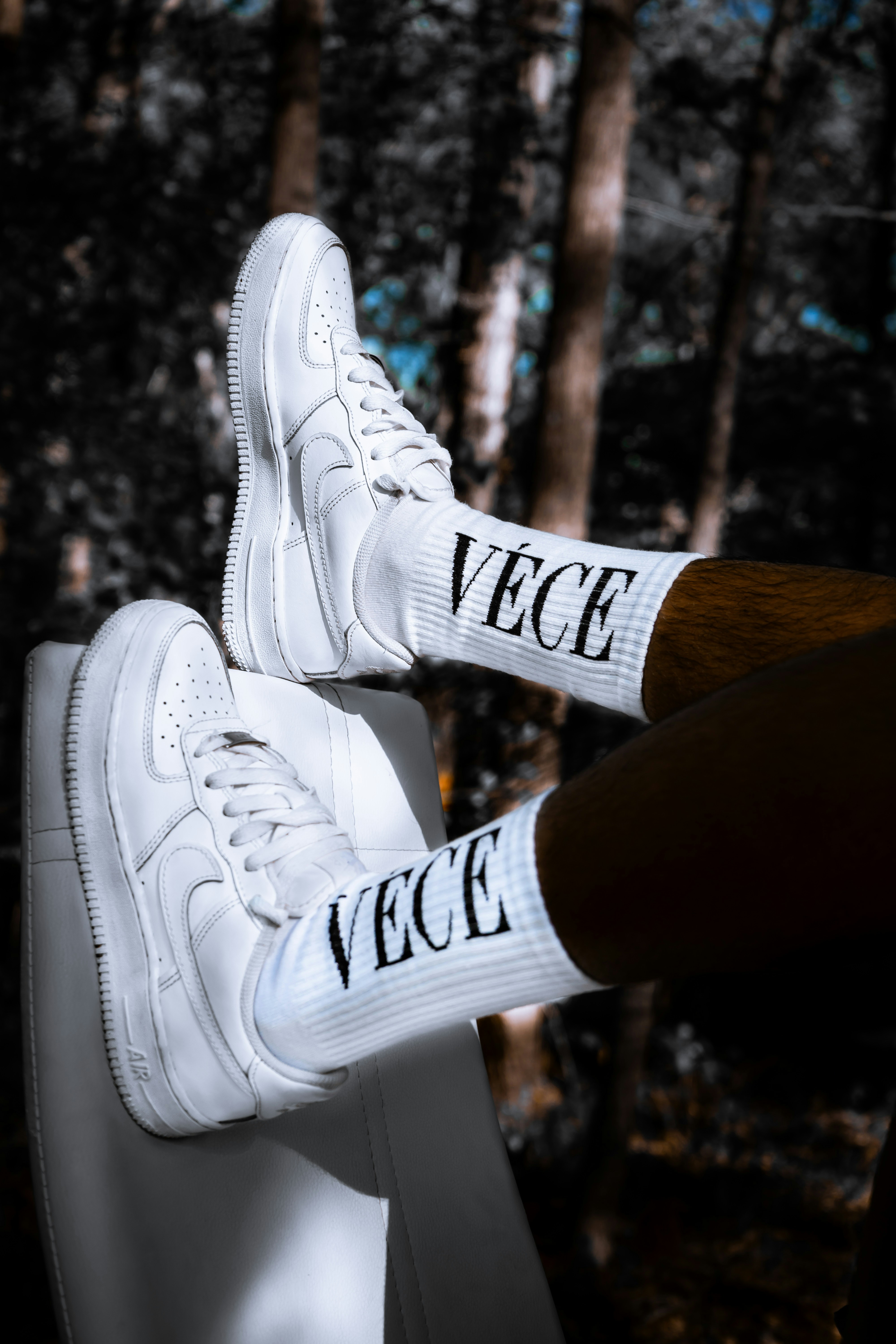 VECE Socks and White Sneakers: A Minimalist Forest Shoe Portrait